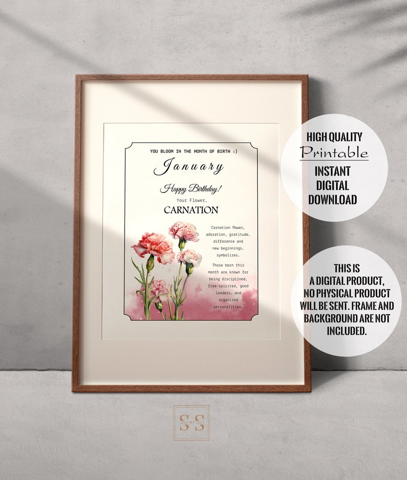 Birth Month Flower Digital Wall Art, Born in January Month Flower ...