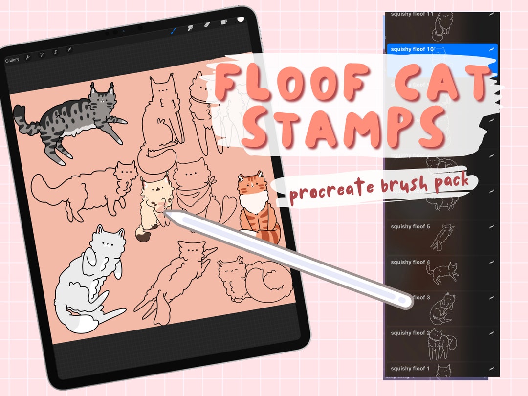 Fluffy Cat Stamps for Procreate | Stress Relief Coloring Stamps of Cute ...