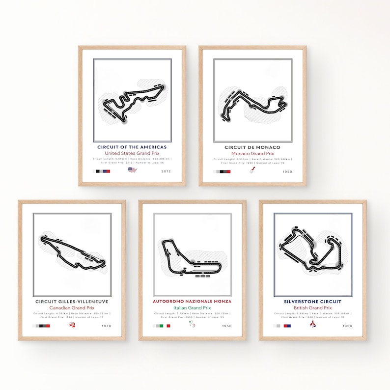 Formula 1 Set of 5 Race Track F1 Poster Bundle Includes 5 Most Famous ...