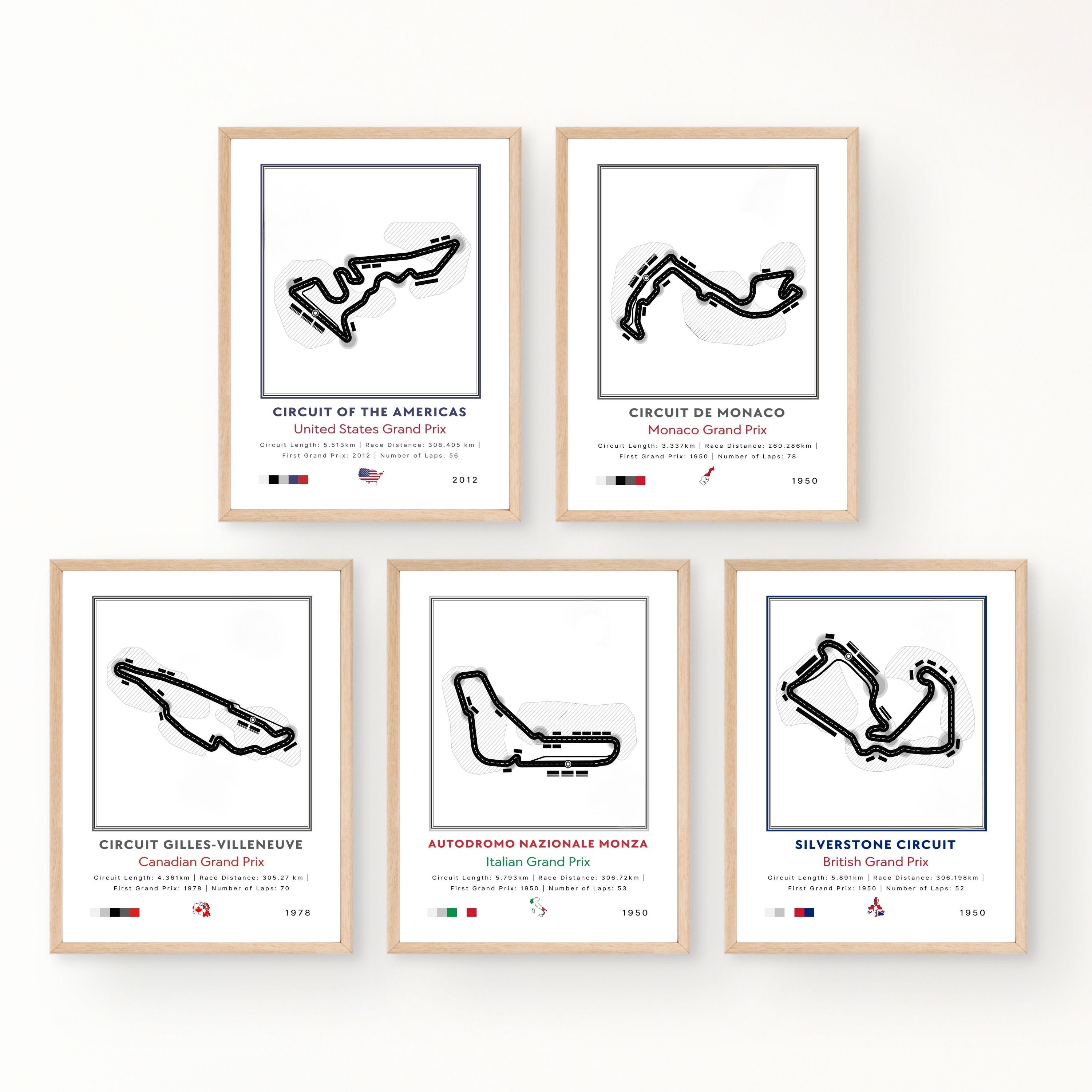 Formula 1 Set of 5 Race Track F1 Poster Bundle Includes 5 Most Famous ...