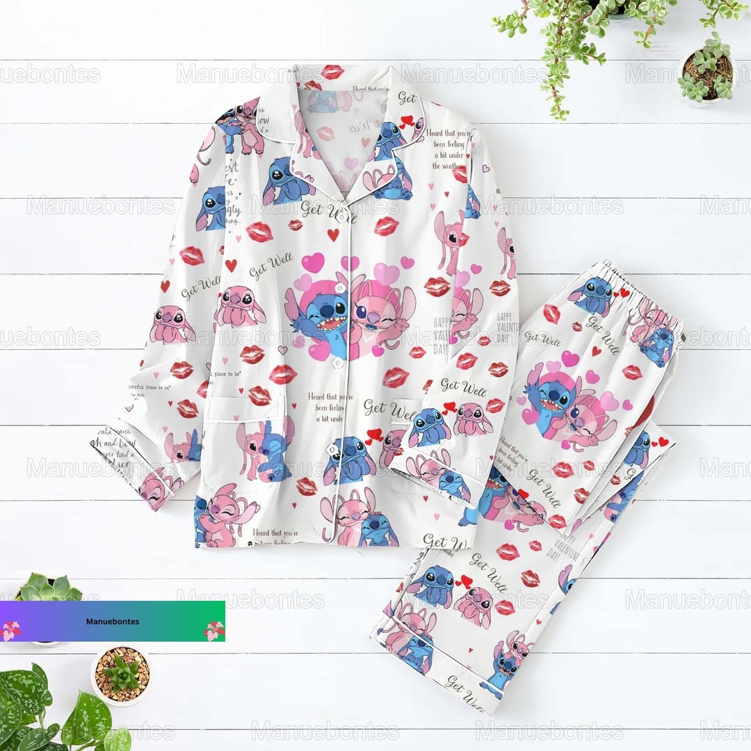 Stitch and Angel Valentine Pajamas, Stitch Couple Women Pajamas, Stitch ...
