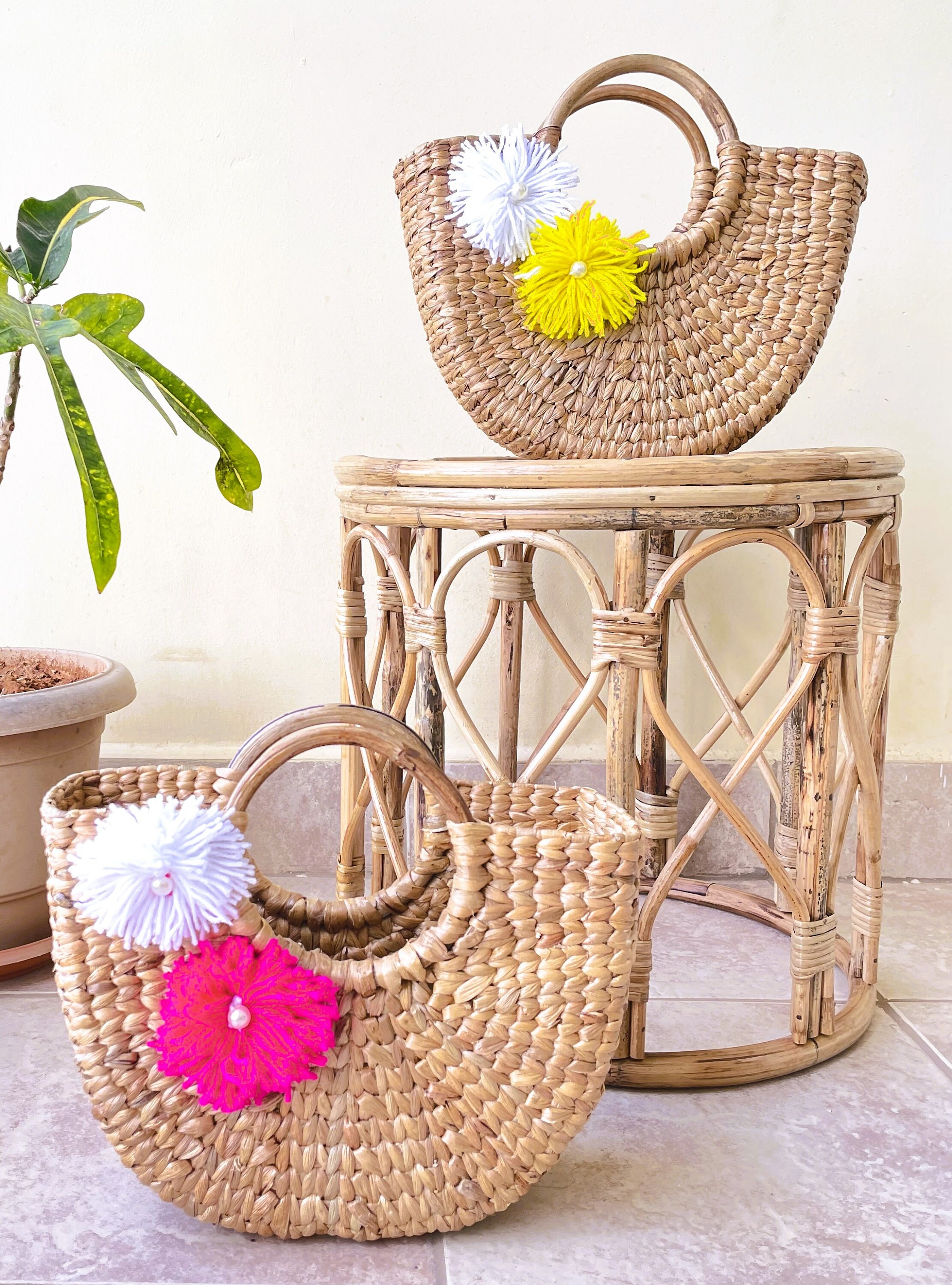 Water Hyacinth Crescent Boho Basket Bag - Small - Set of 2 - Etsy
