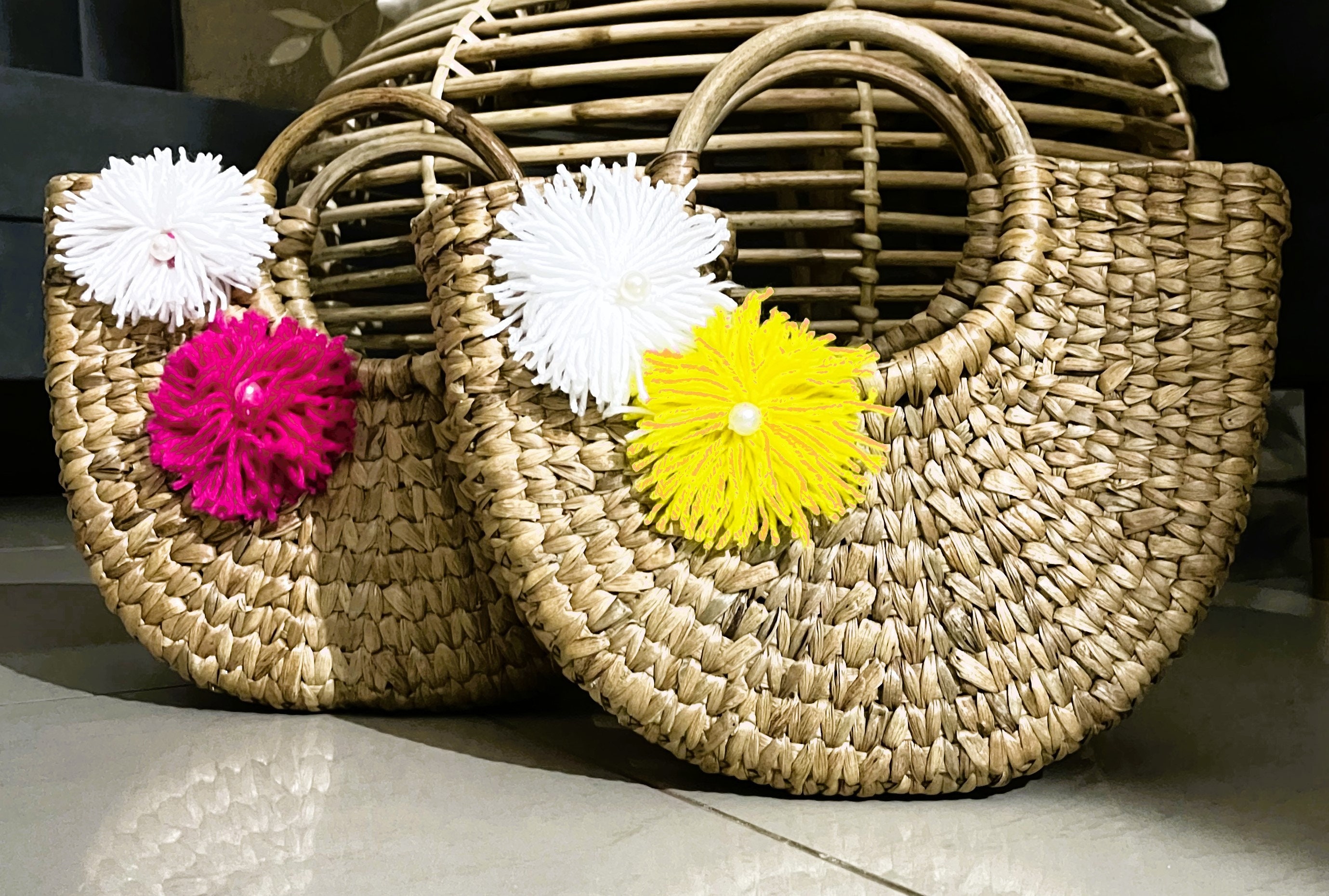Water Hyacinth Crescent Boho Basket Bag - Small - Set of 2 - Etsy