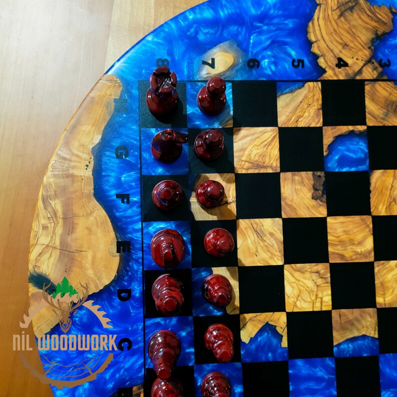 Olive Wood and Epoxy Chess Board, 20'' Round Resin Chess Set, Handmade ...