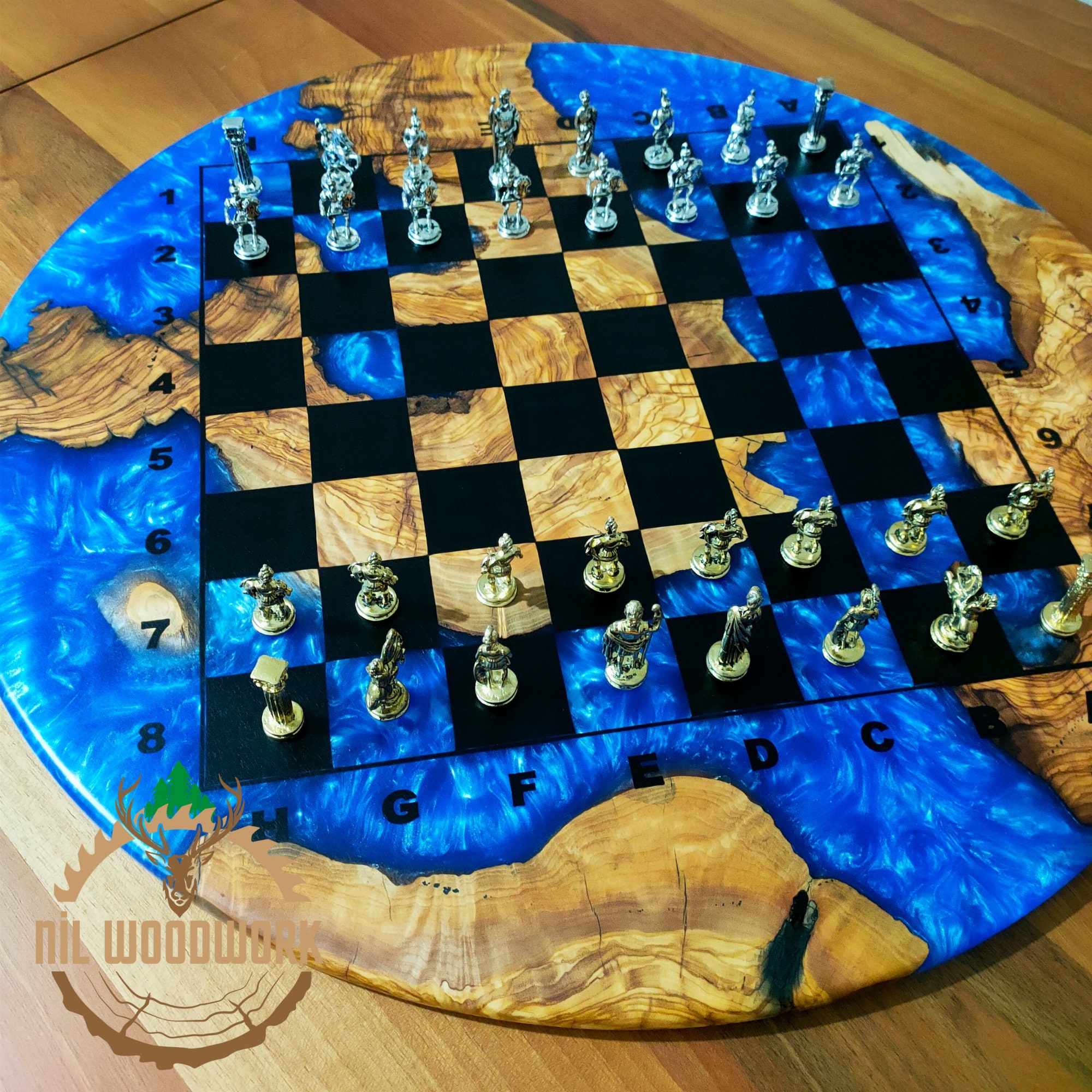 Olive Wood and Epoxy Chess Board, 20'' Round Resin Chess Set, Handmade ...