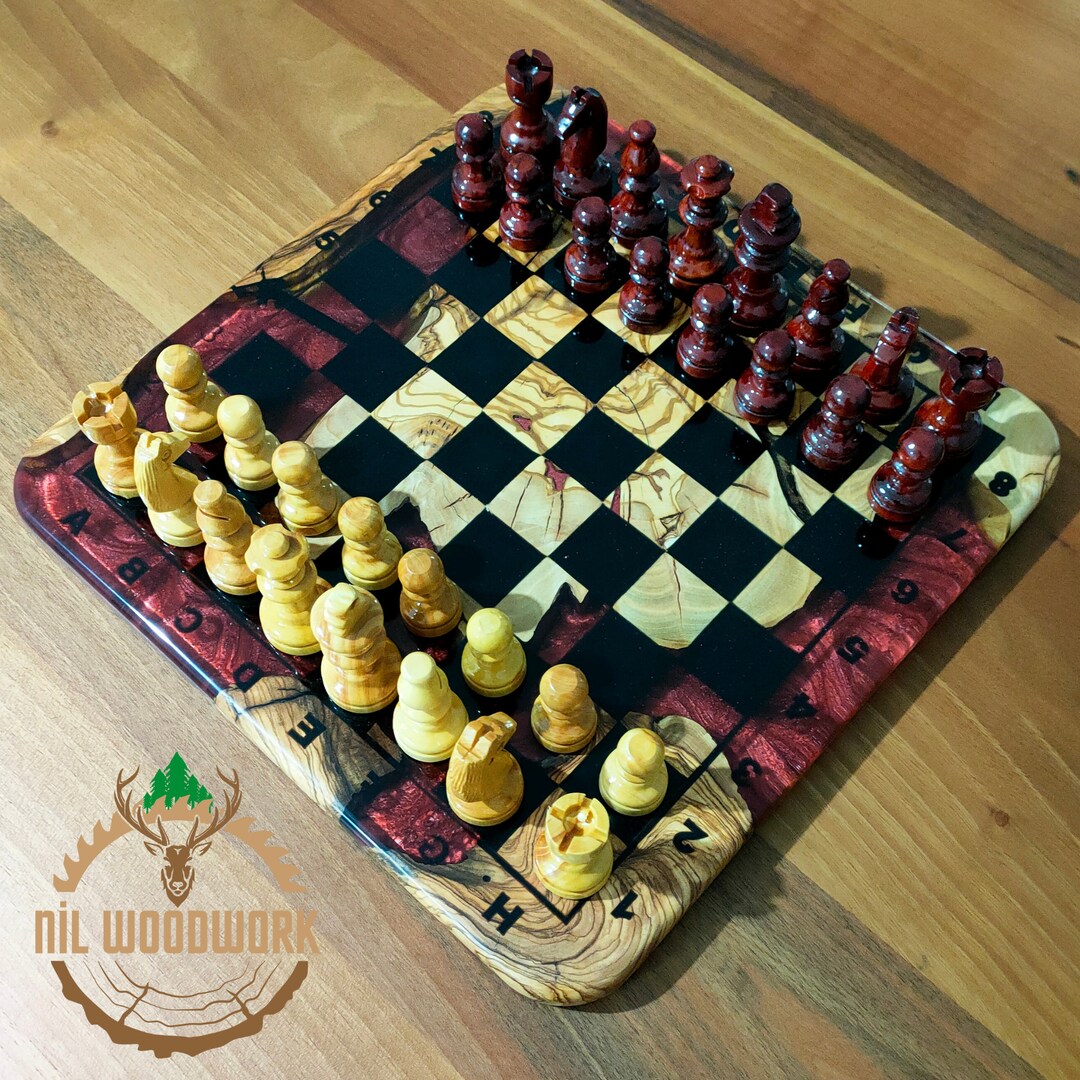 Resin Chess Board Made of Olive Wood, Resin and Wood Chess Set, 12 ...