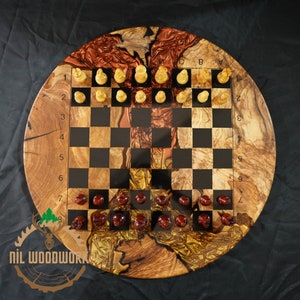 Made to Order Olive Wood and Epoxy Chess Board, Round Resin Chess Set ...