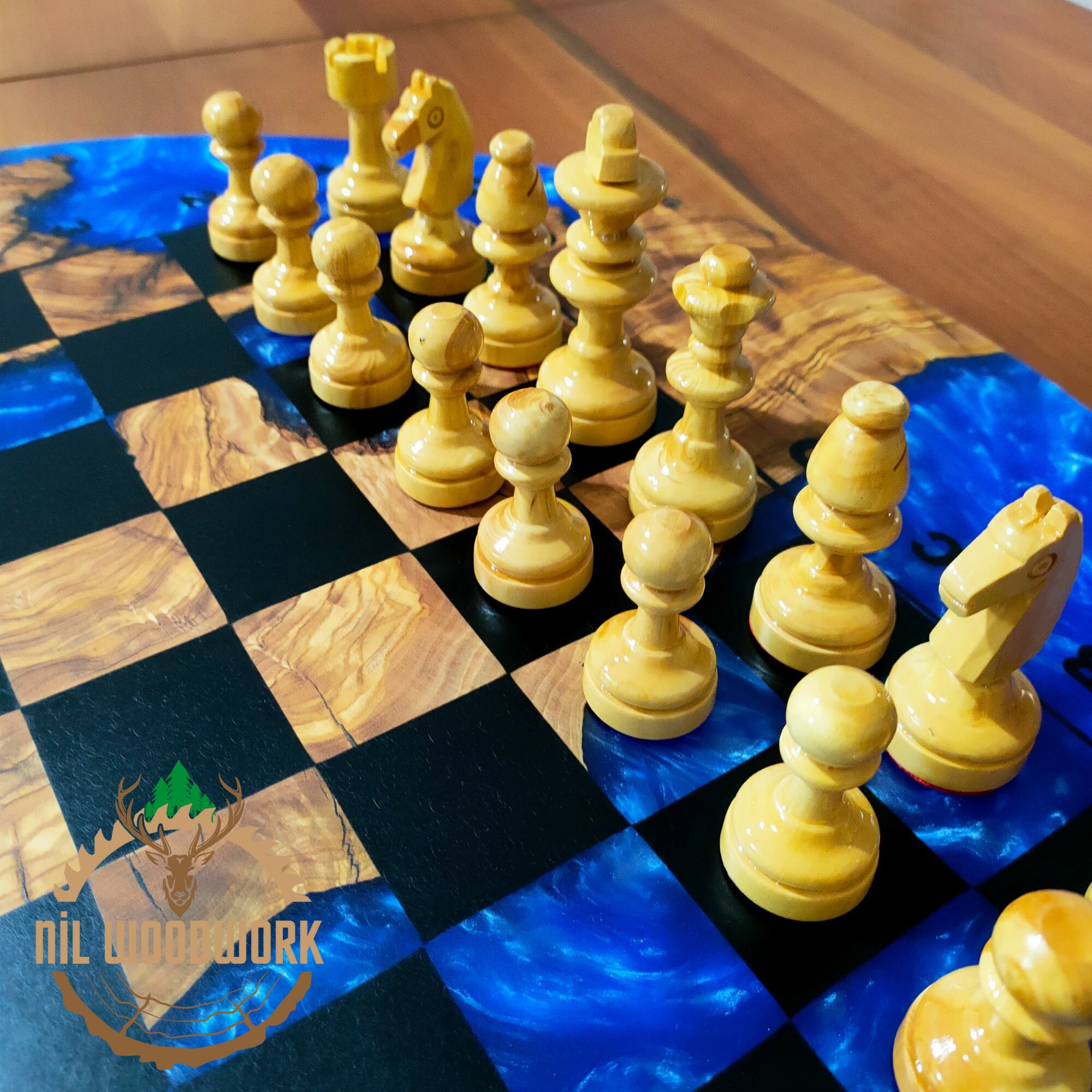 Olive Wood and Epoxy Chess Board, 20'' Round Resin Chess Set, Handmade ...