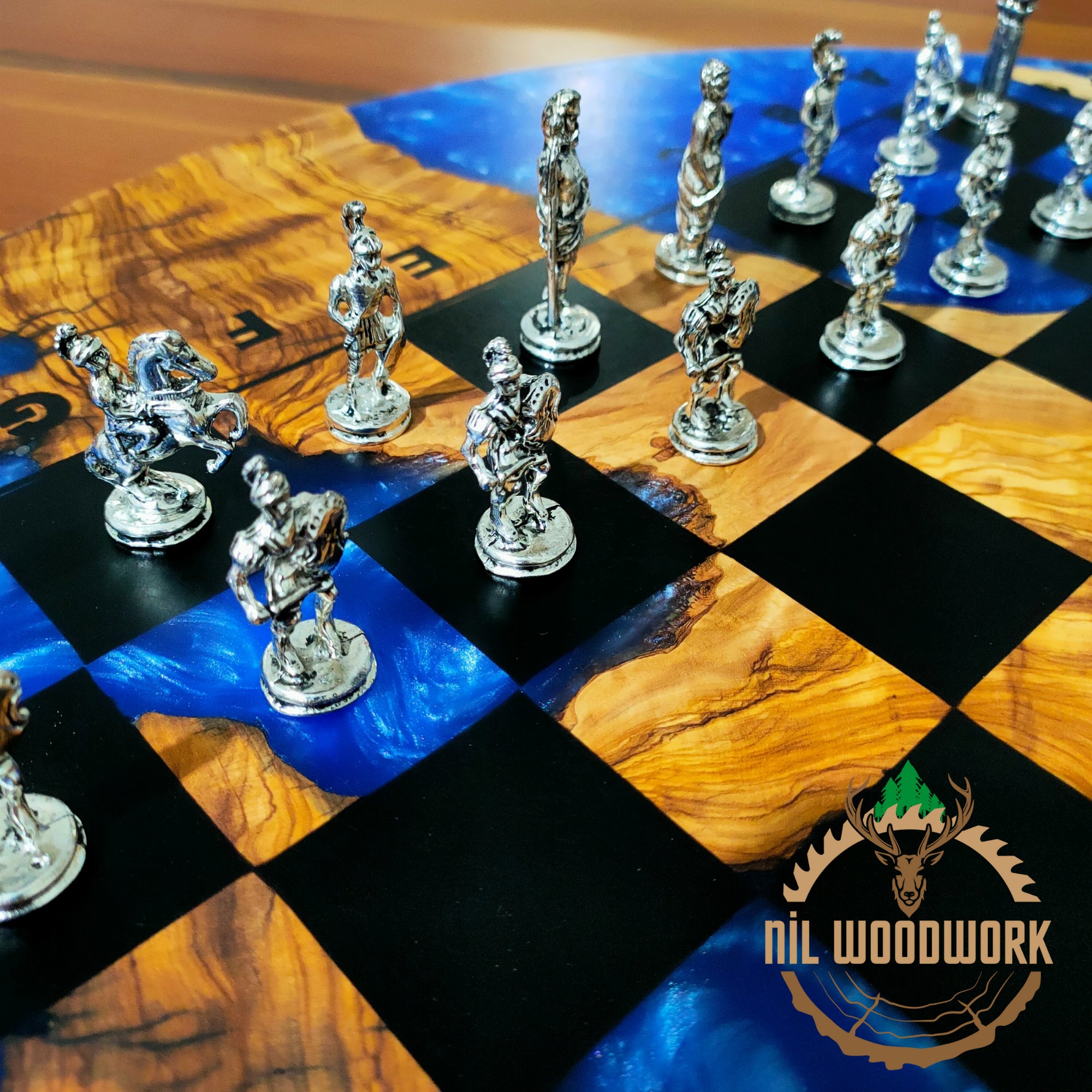 Olive Wood and Epoxy Chess Board, 20'' Round Resin Chess Set, Handmade ...