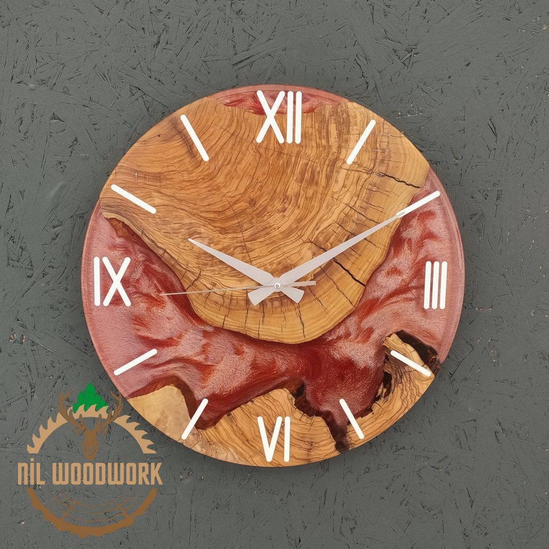 Resin & Olive Wood Wall Clock, 16'' Epoxy and Olive Wood Wall Clock, 3D ...