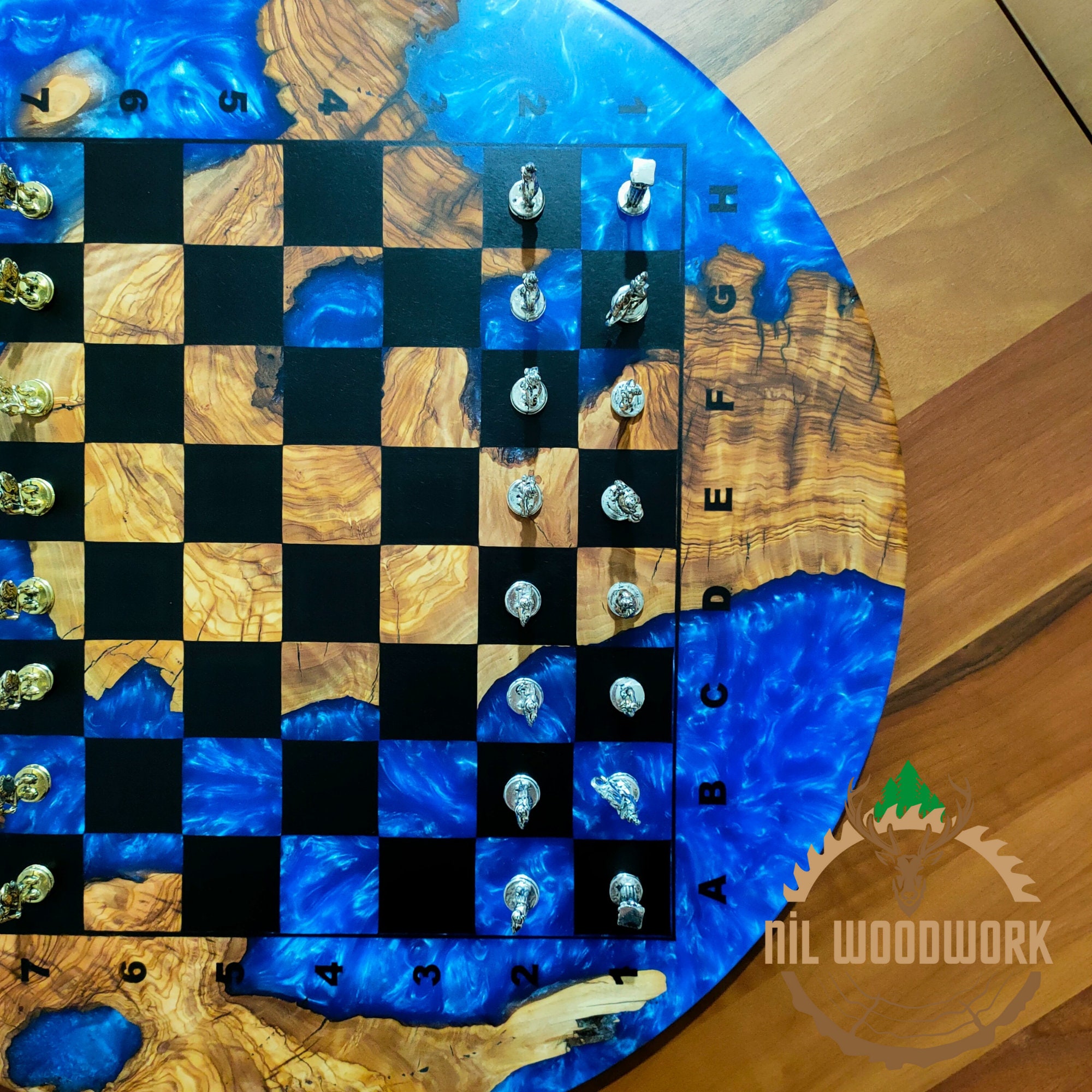 Olive Wood and Epoxy Chess Board, 20'' Round Resin Chess Set, Handmade ...