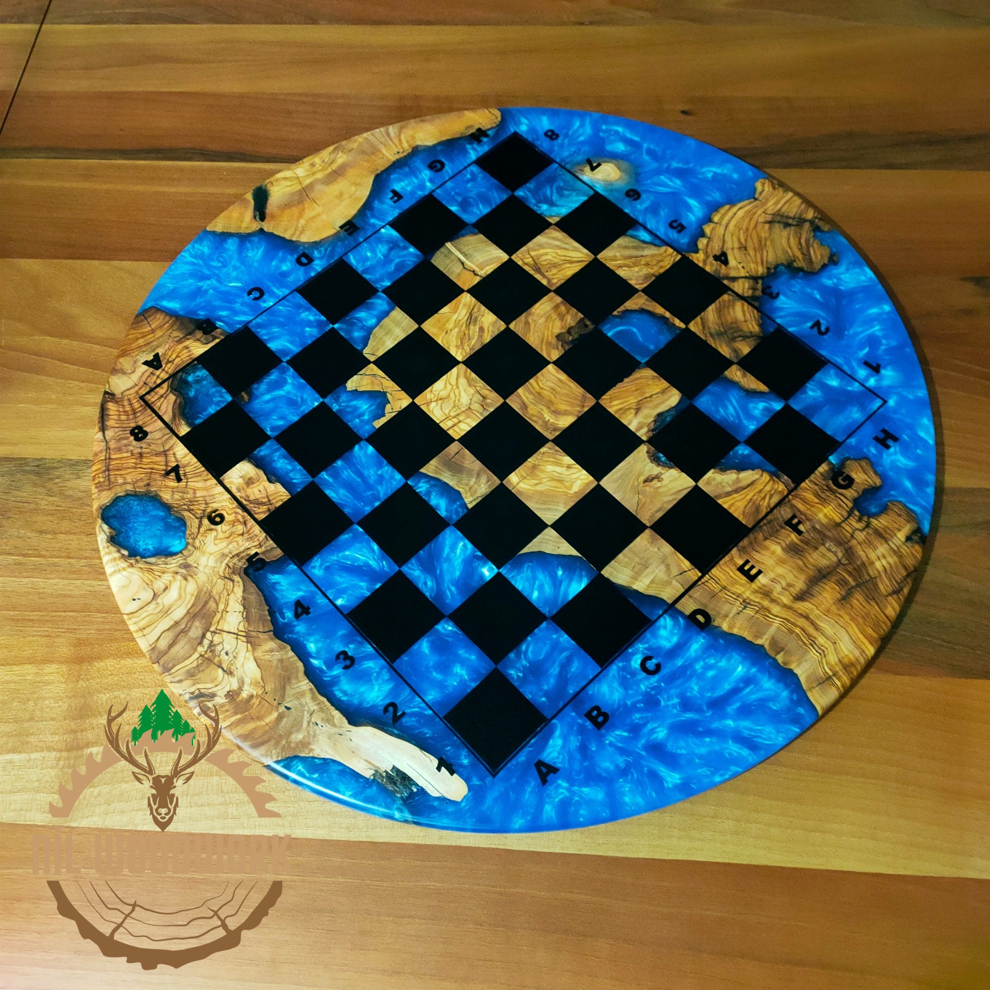 Olive Wood and Epoxy Chess Board, 20'' Round Resin Chess Set, Handmade ...