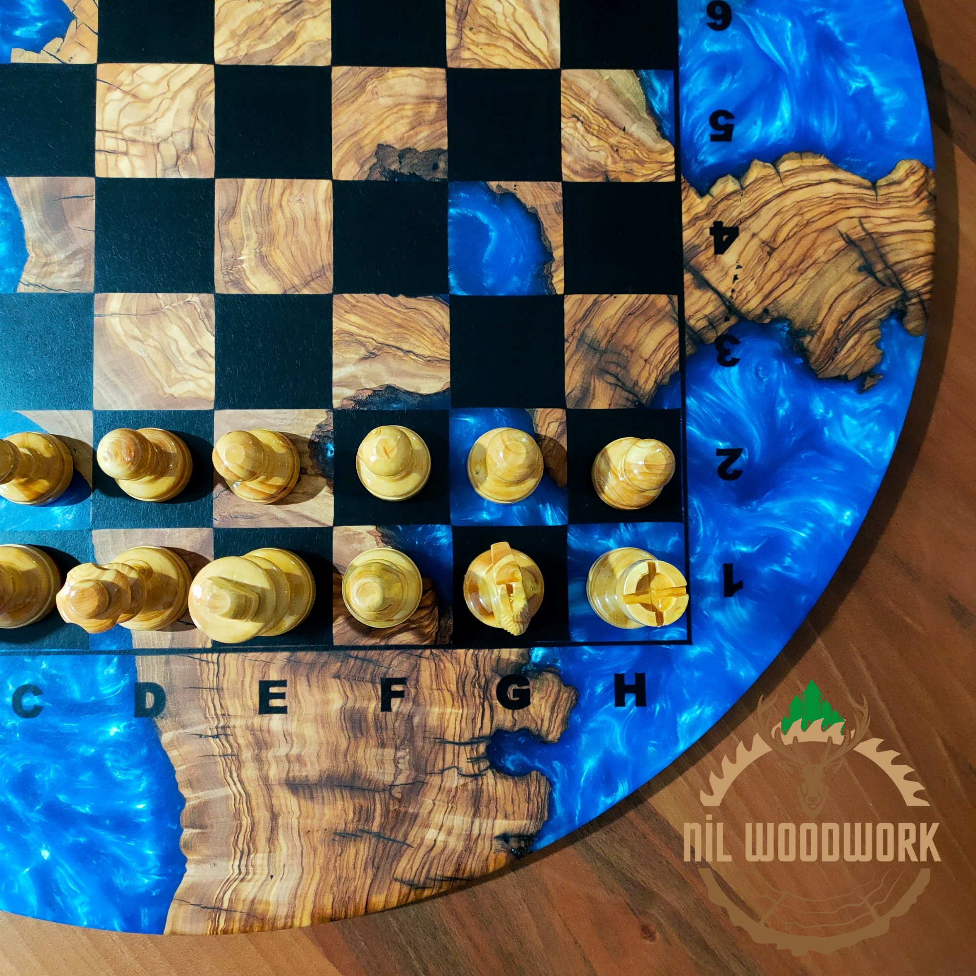 Olive Wood and Epoxy Chess Board, 20'' Round Resin Chess Set, Handmade ...