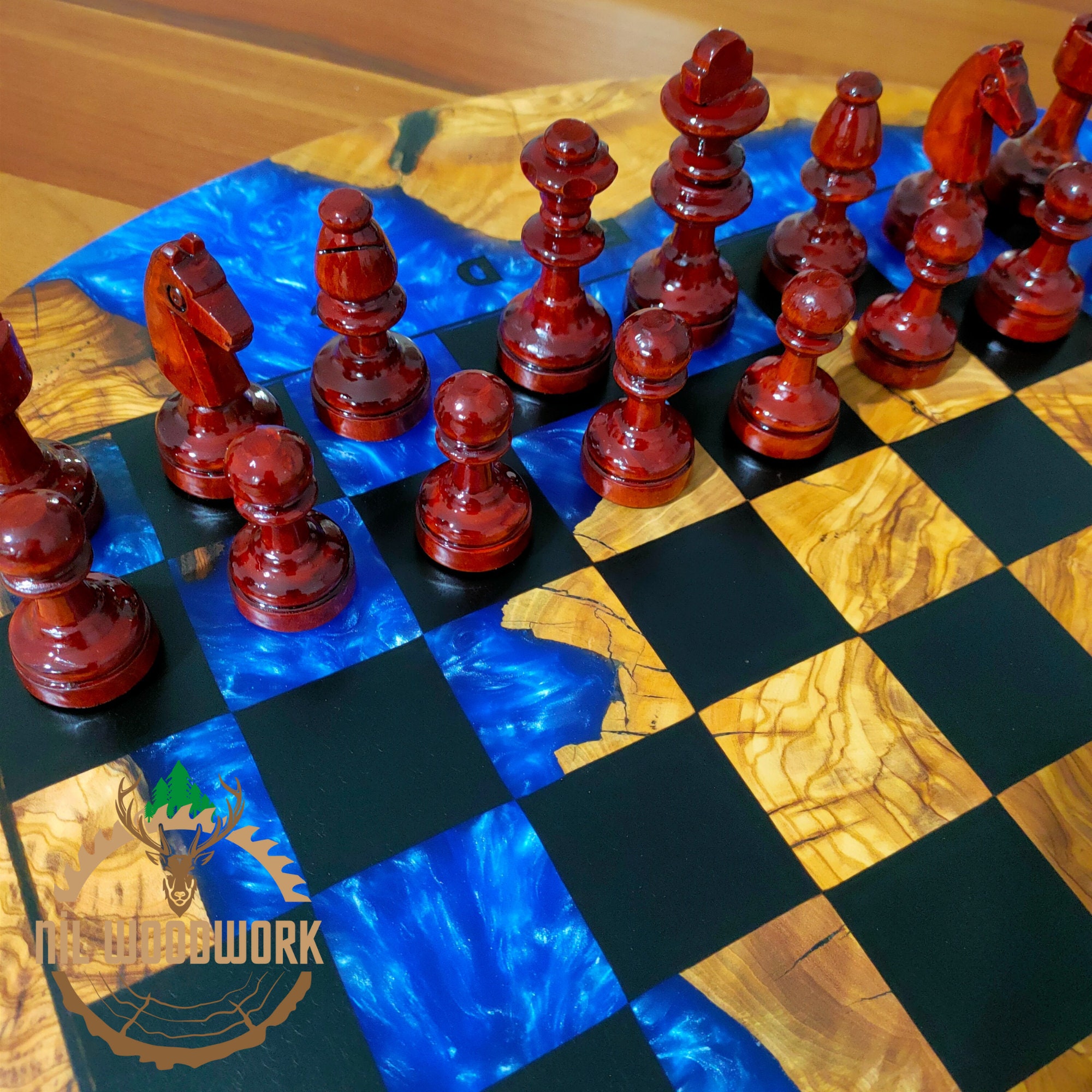 Olive Wood and Epoxy Chess Board, 20'' Round Resin Chess Set, Handmade ...