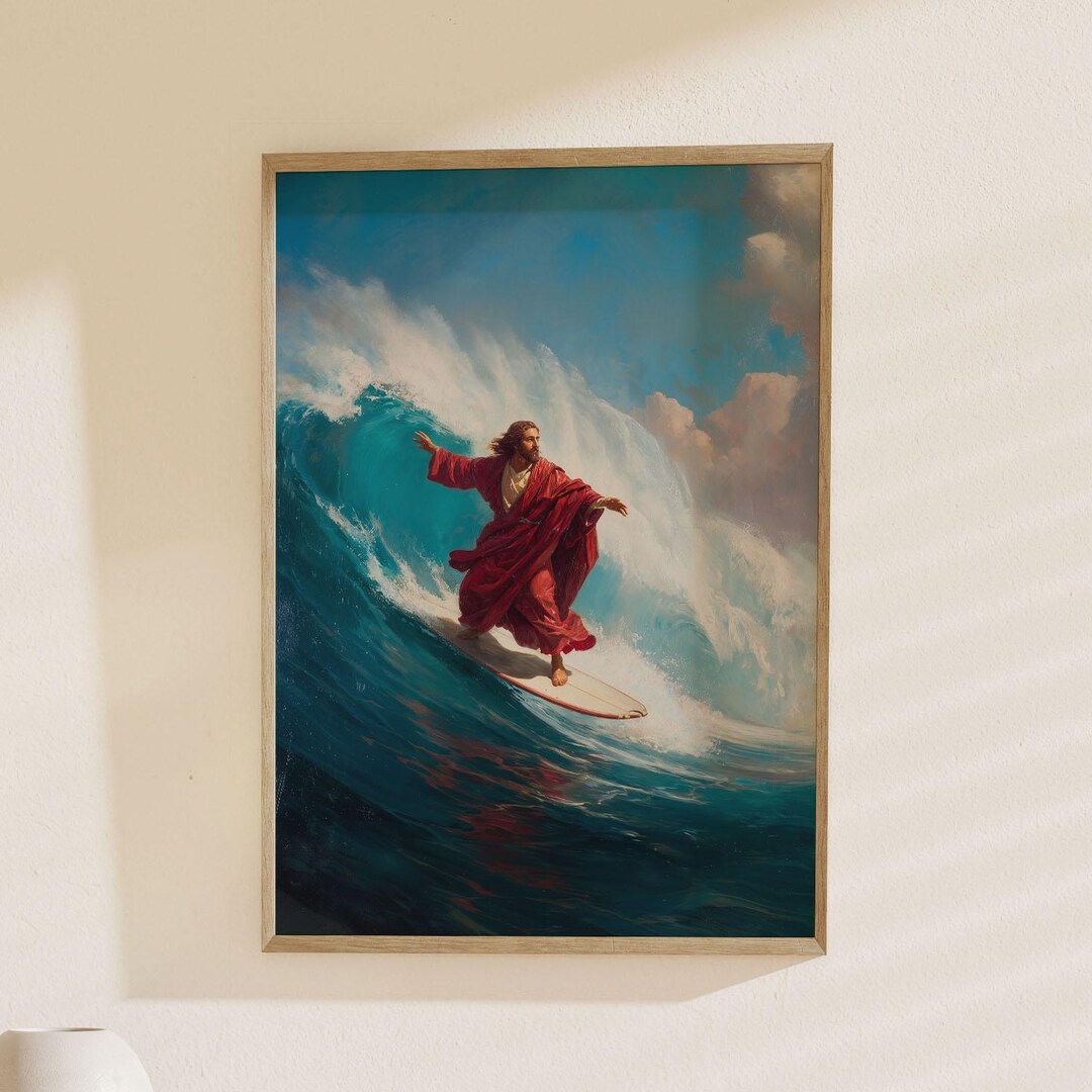 Jesus Surfing Art Print | Spiritual Beach Wall Decor | Unique Religious ...