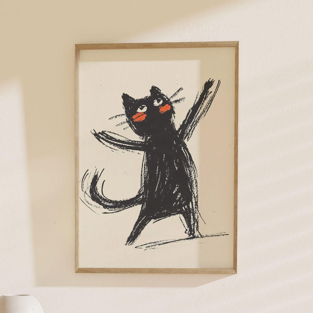 Expressive Black Cat Art Print Modern Minimalist Sketch Quirky Pet Wall ...