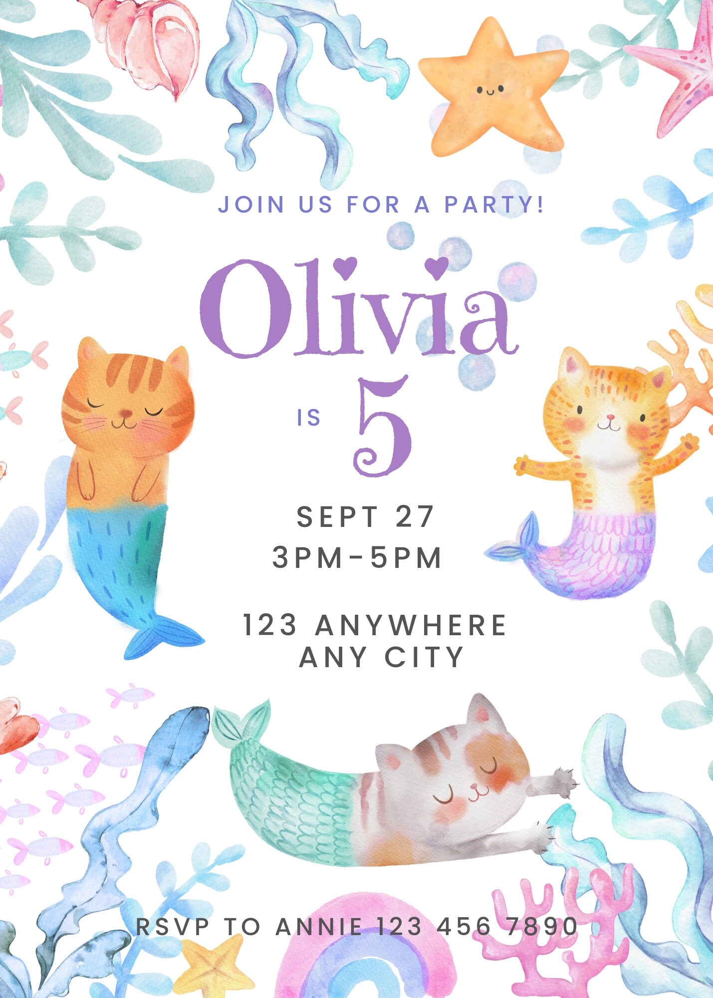 Custom Mermaid Birthday Invitation Cat Mermaid Theme Girl Invite ...