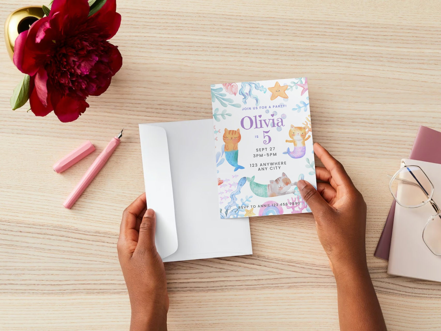 Custom Mermaid Birthday Invitation Cat Mermaid Theme Girl Invite ...