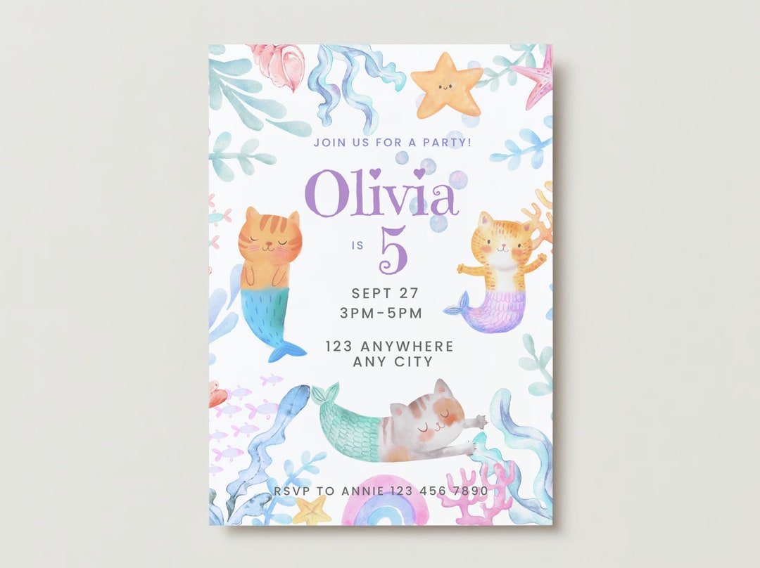 Mercat Birthday Invitation: Personalized Mermaid Cat Party (digital ...