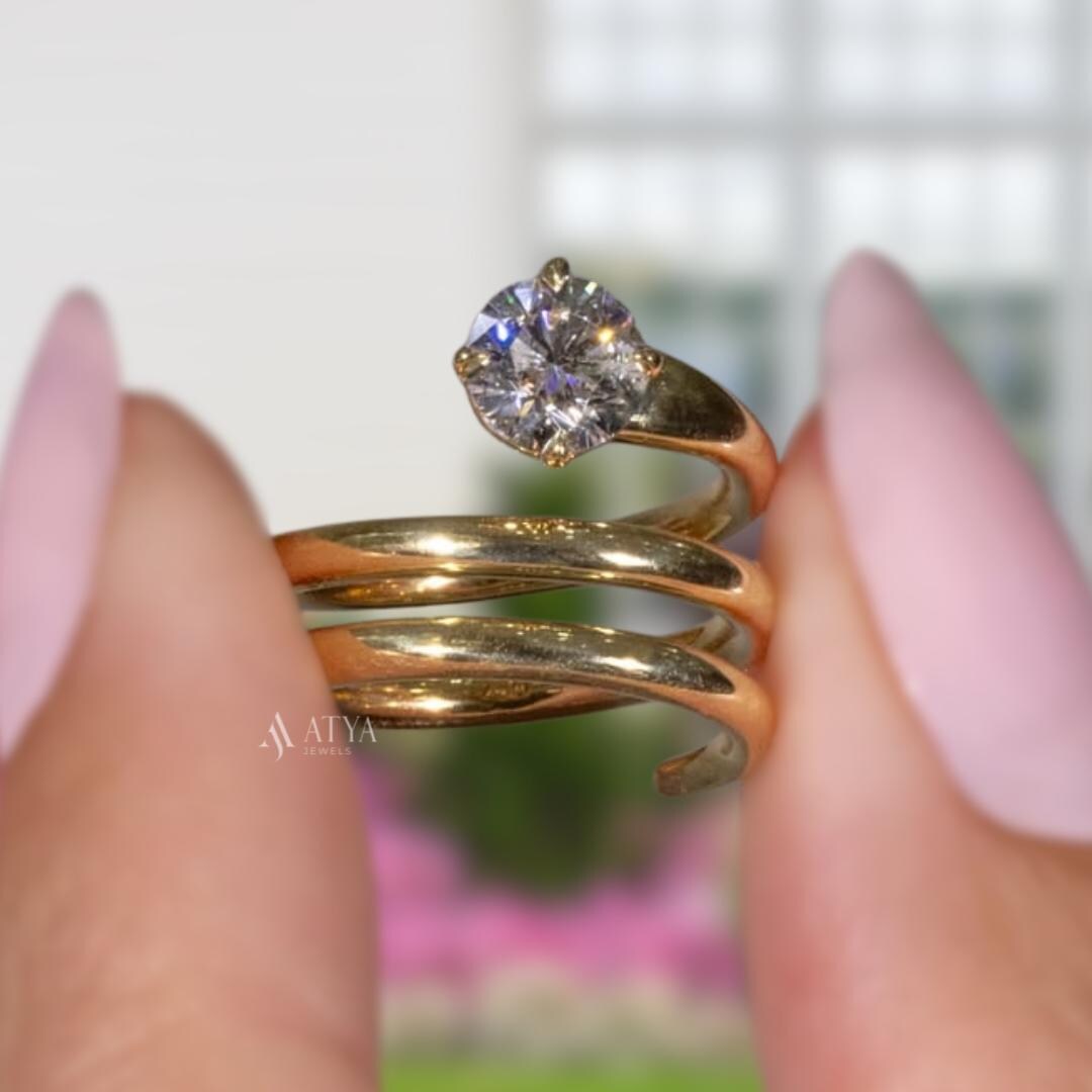 18k Yellow Gold Wedding Ring, Freeform Shank Ring, 2 CT Round Cut ...