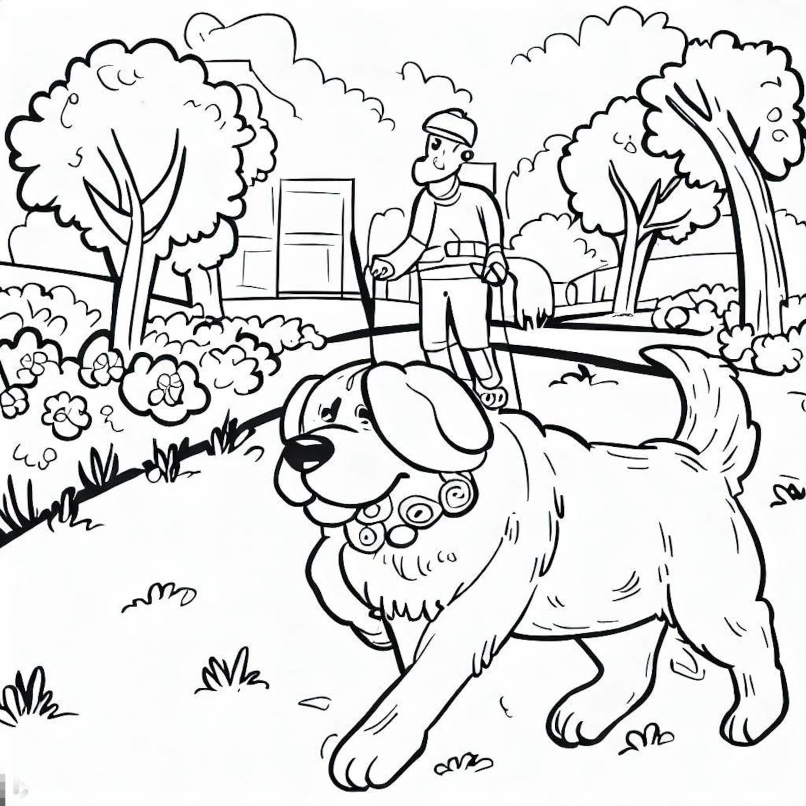 Dogs Walk at Park in Coloring Page, Adults + Kids- Instant Download ...