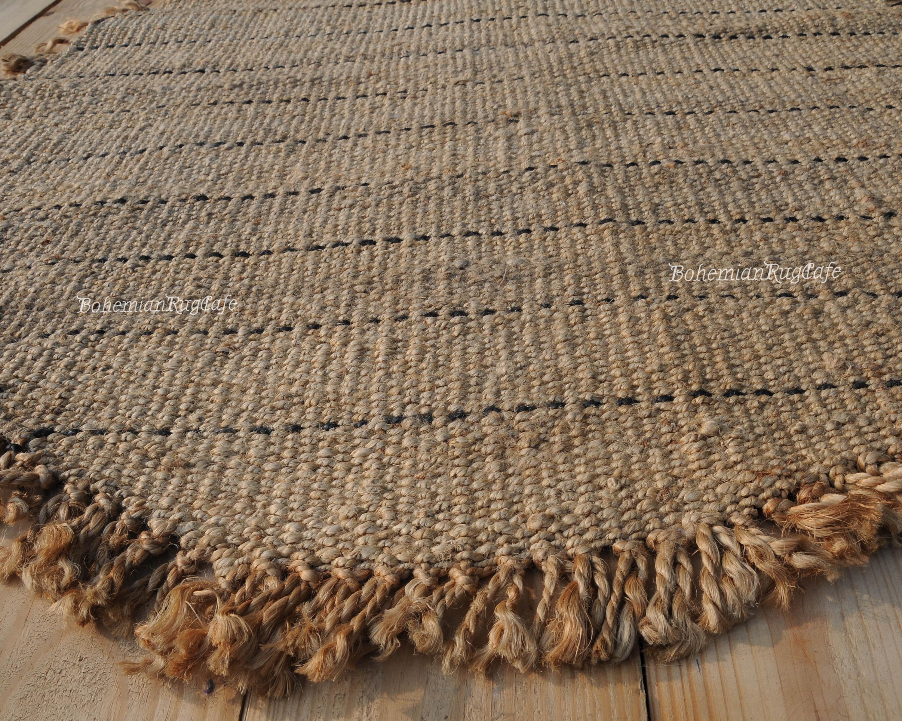Hemp Round Rug With Black Strip, Natural Jute Round Rug, Bohemian Rug ...