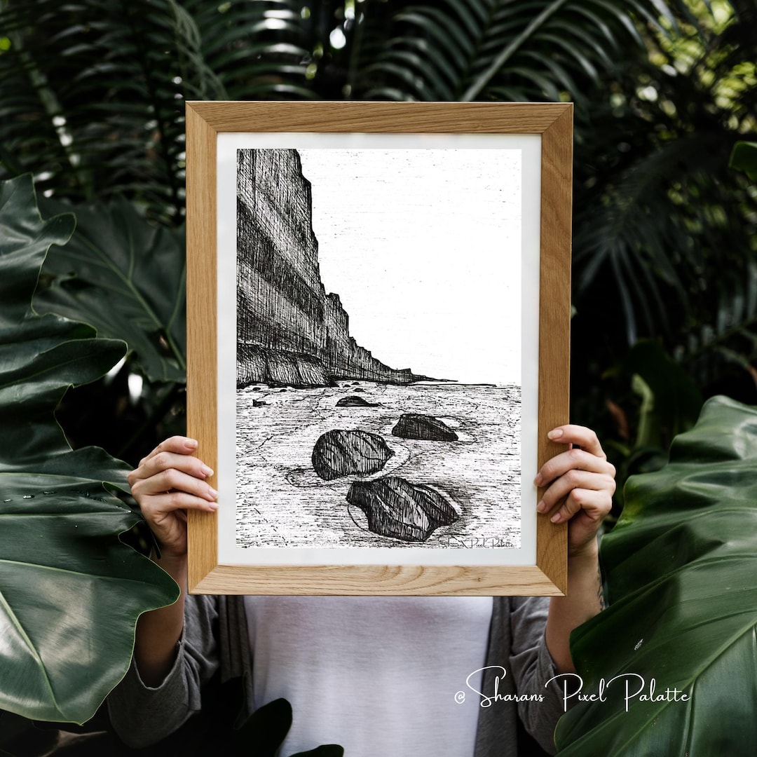 Printable Ink Pen Drawing: Cliffside Serenity - Black & White Landscape ...