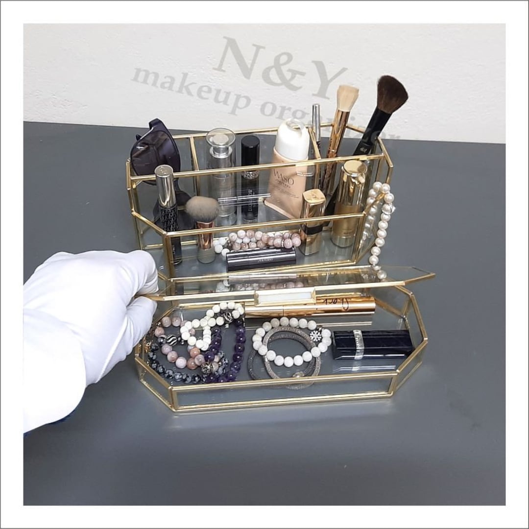 Brass Glass Octagon Double Makeup Organizer - Etsy