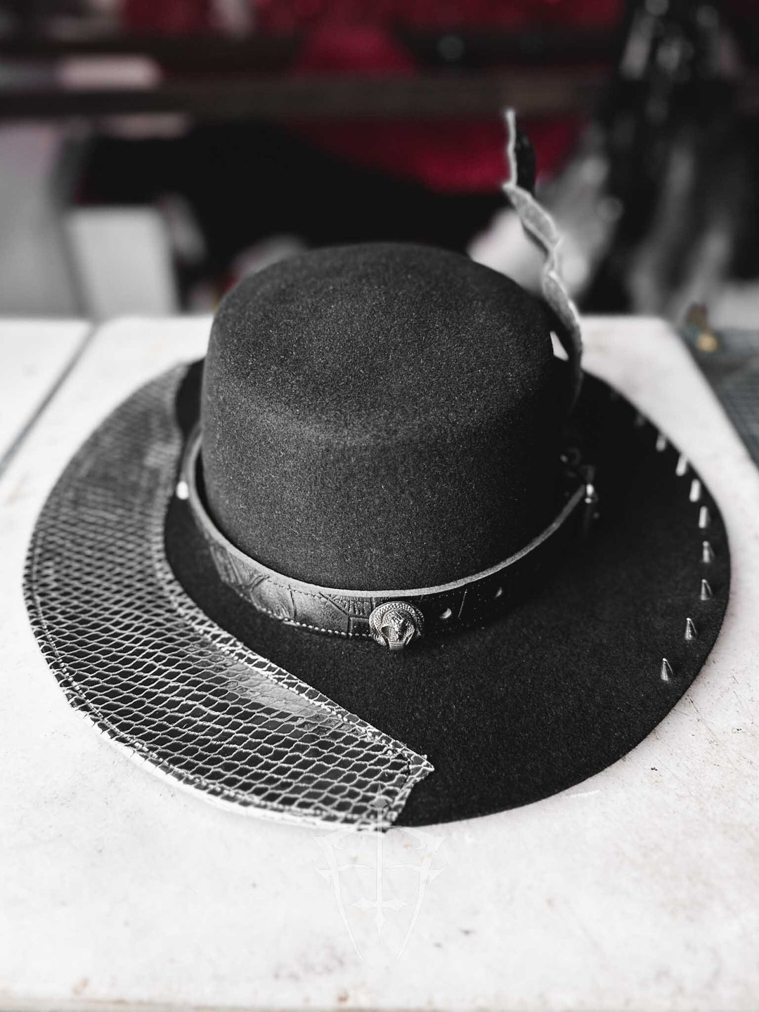 Black Fedora / Wide Brim Hat With Silver Snake Print Leather, Feather ...