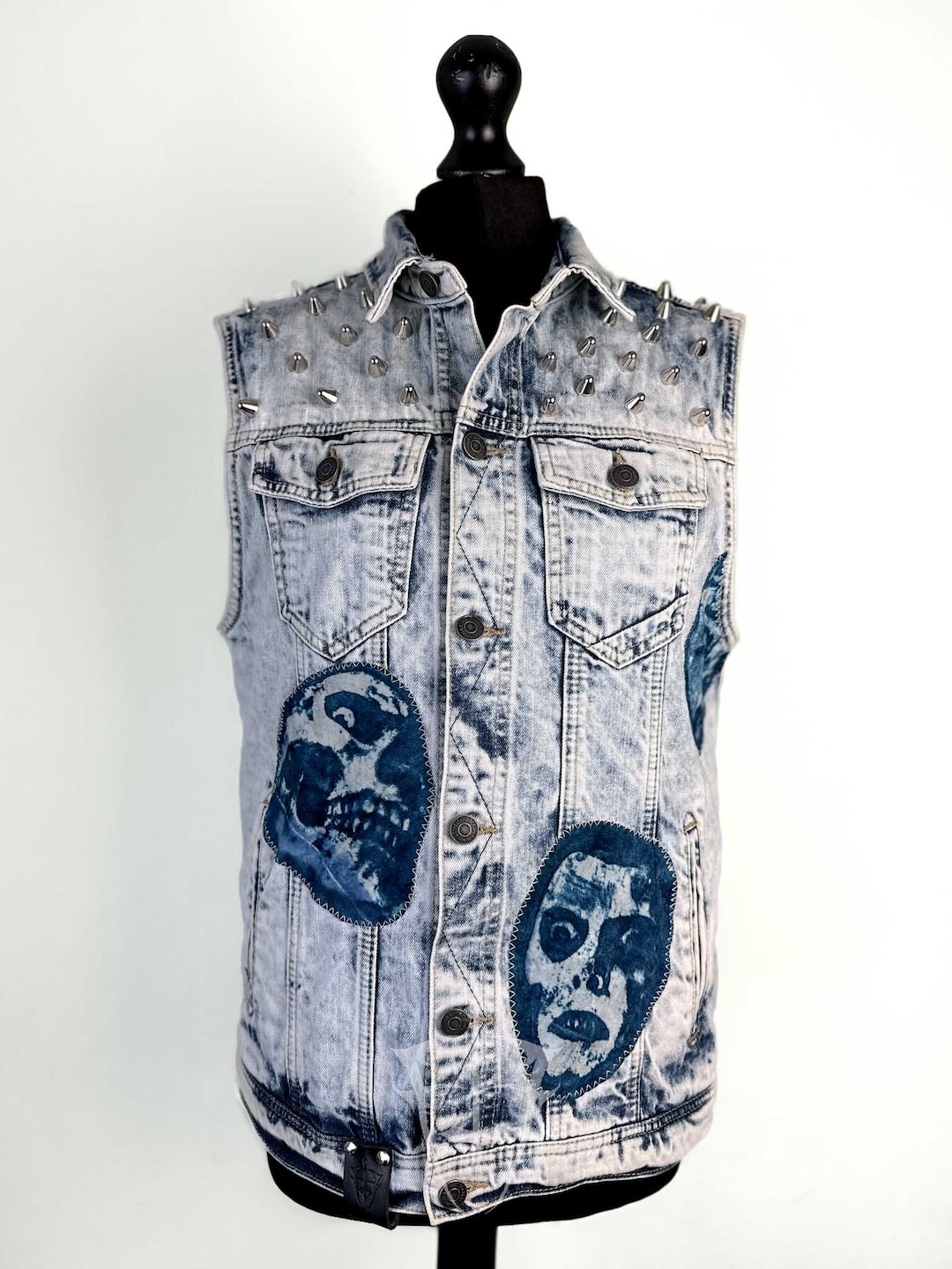 Horror Movie Bleached Denim Vest: Cyanotype Patches, Studded Punk Rock ...
