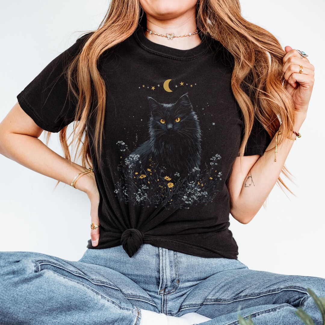 Floral Cat Moon Shirt Moon and Cat Tshirt Womens Boho Cat Cat Spirt ...