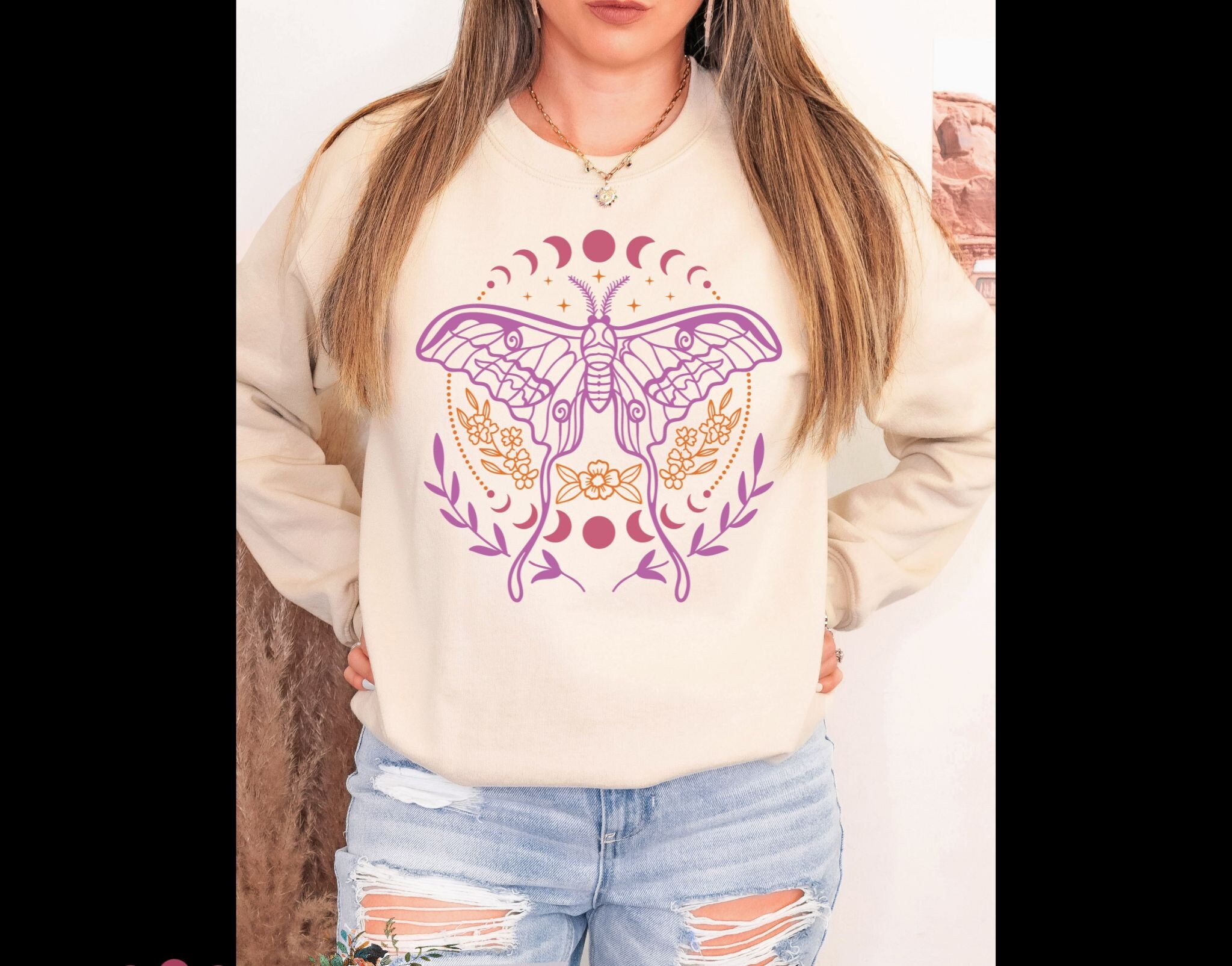 Celestial Lunar Moth Crewneck Sweatshirt, Moth Sweater, Butterfly ...