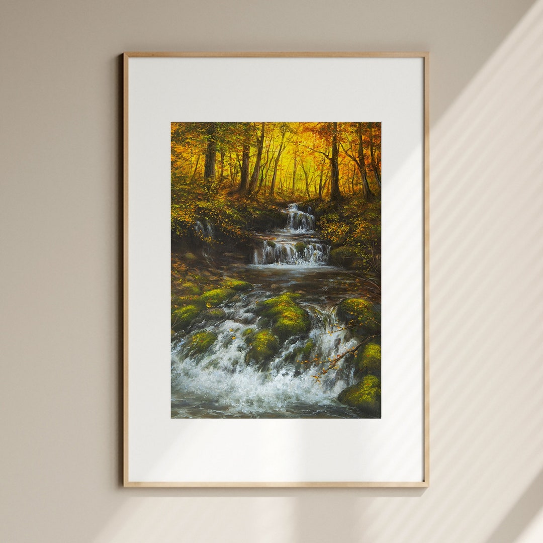 Vintage Wald Wasserfälle Landschaft Ölgemälde Antike Birkenwald Kunst ...