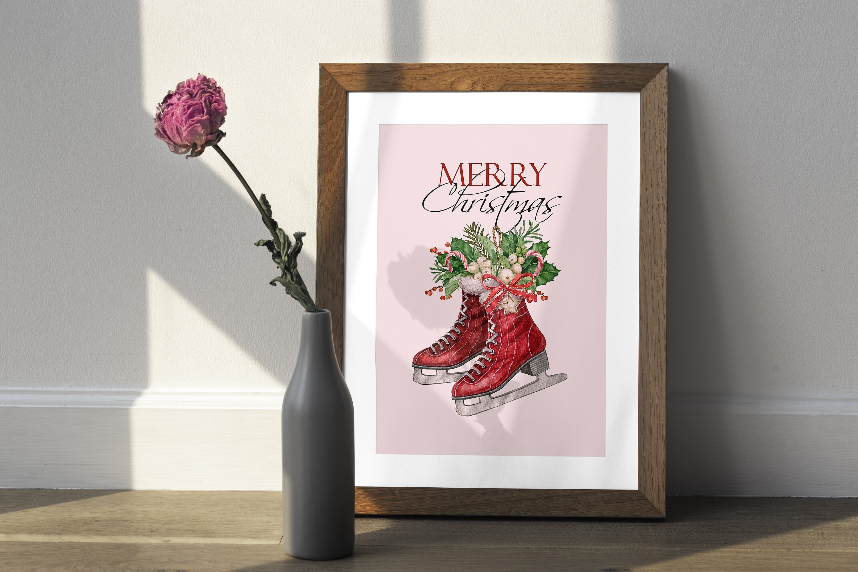 Vintage Christmas Ice Skating Poster Prints Xmas Floral Skates Wall Art ...