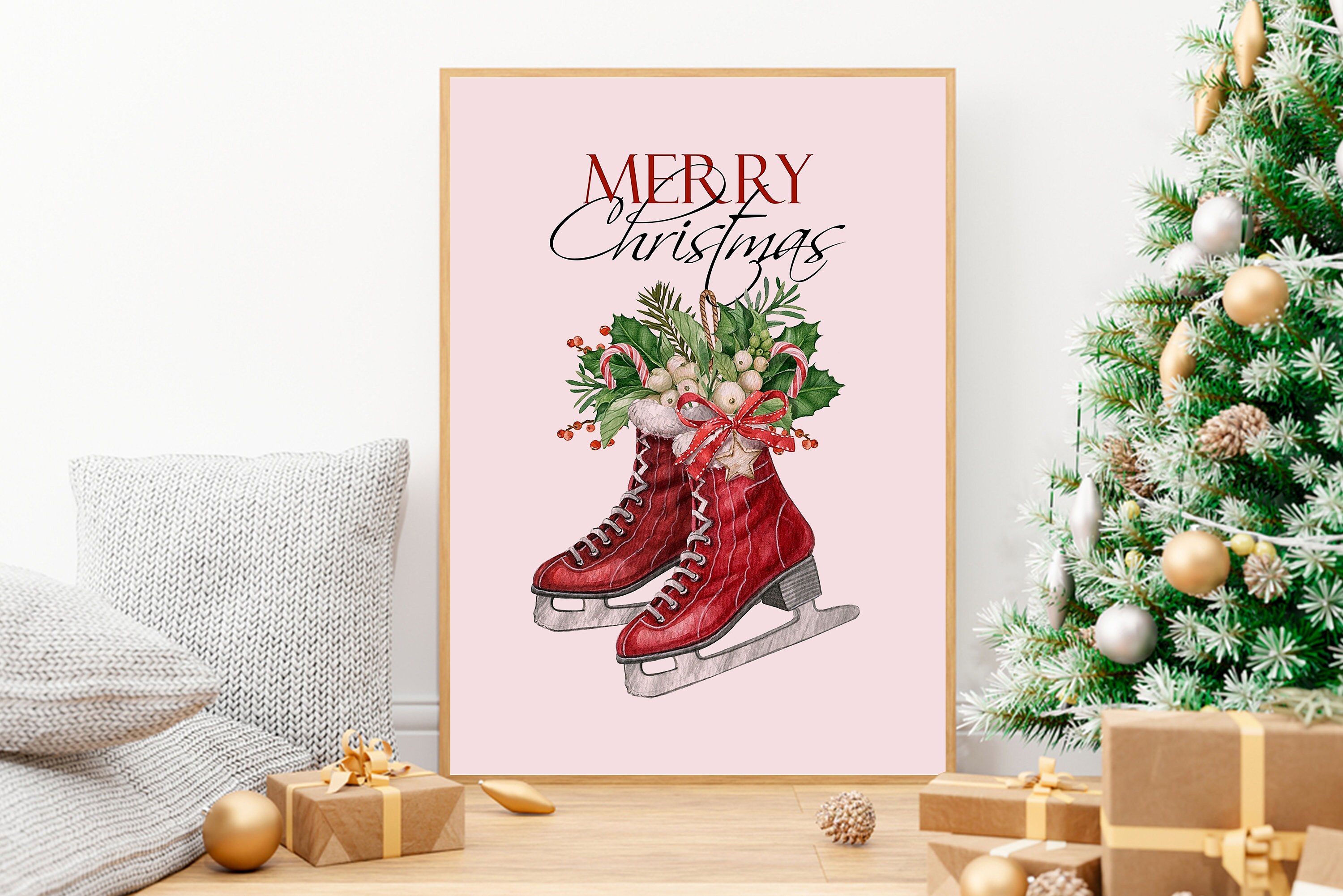 Vintage Christmas Ice Skating Poster Prints Xmas Floral Skates Wall Art ...