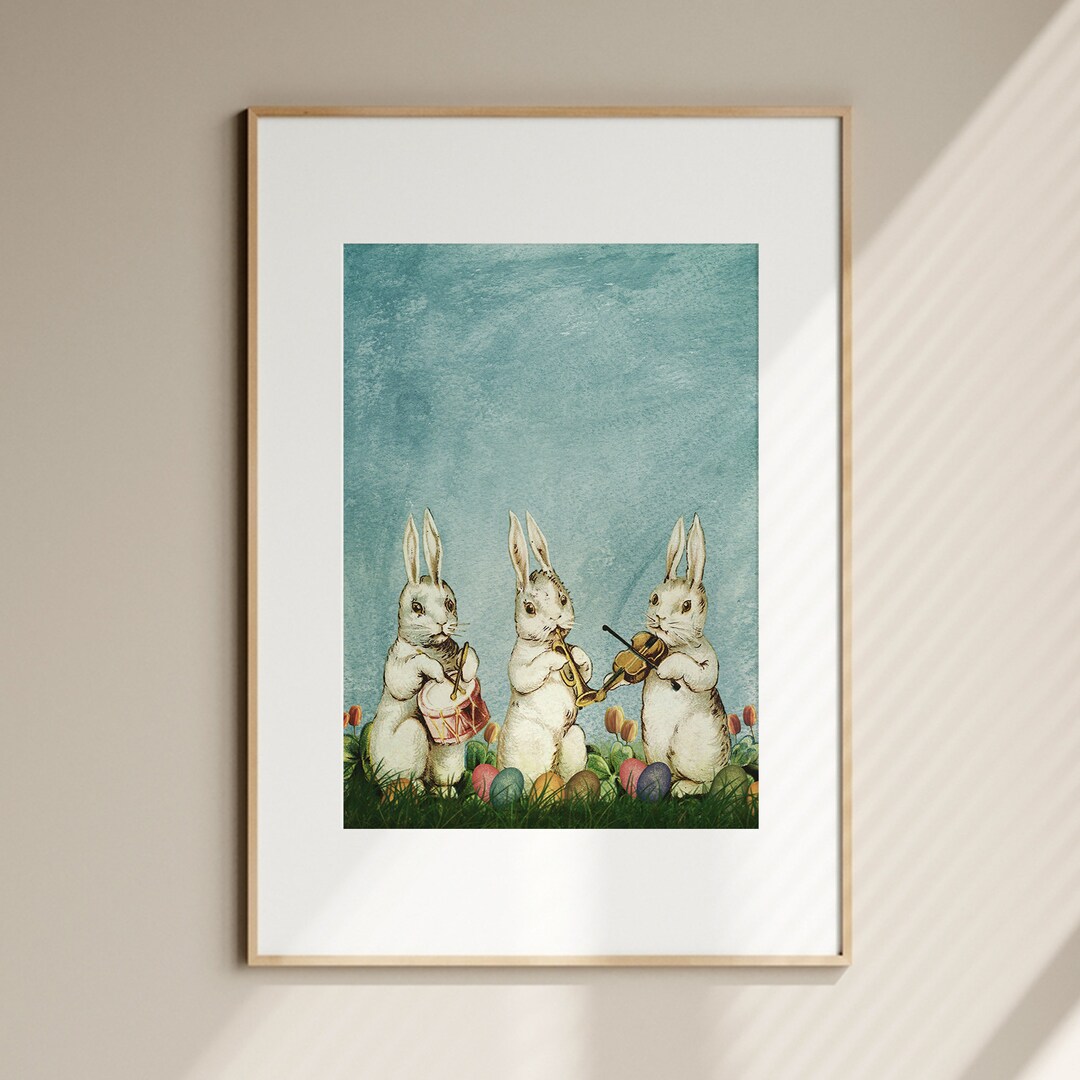 Rustic Easter Bunny Art Print Rabbit Family Playing Music Instruments ...