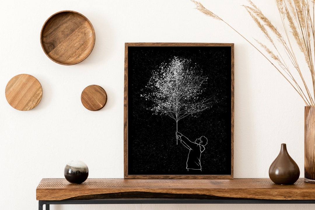 Minimalist Line Art Gallery Wall Art Prints, Boy Enjoy With Tree Art in ...