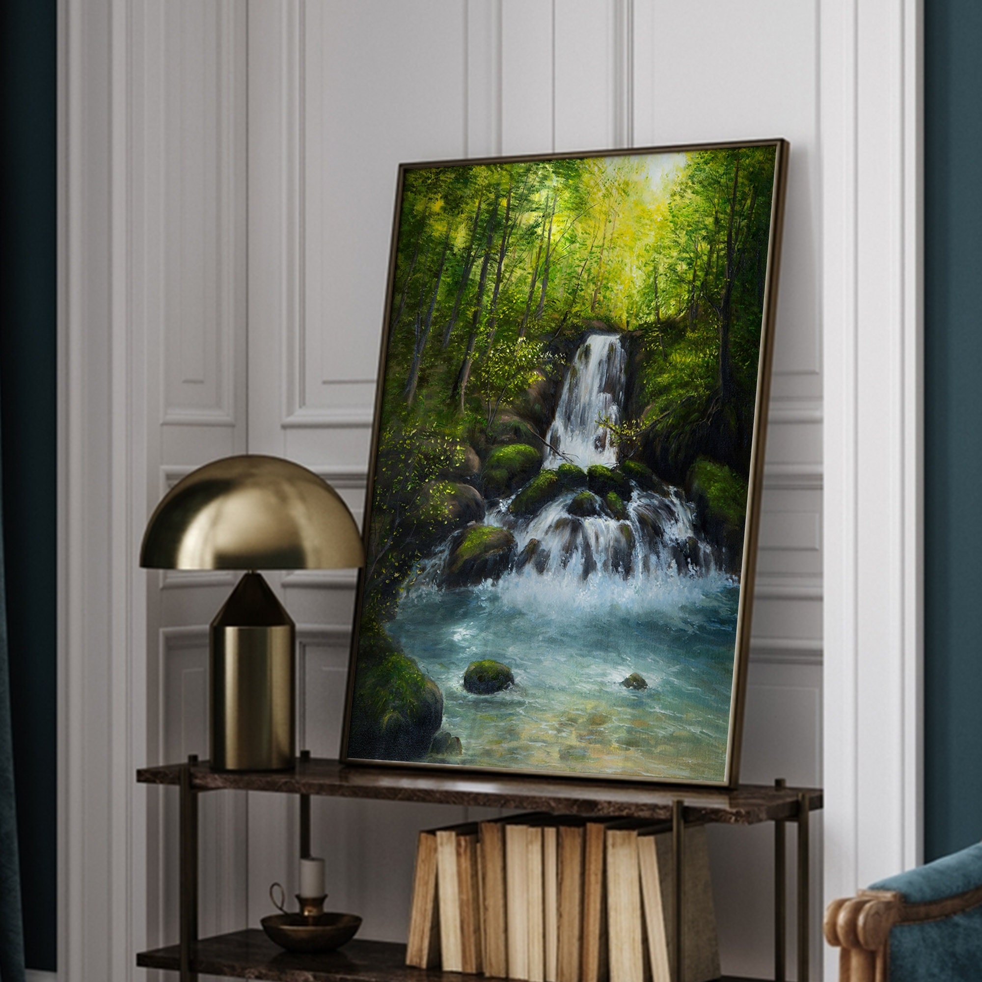 Vintage Waterfalls Landscape Oil Painting Antique Mountain River Birch ...