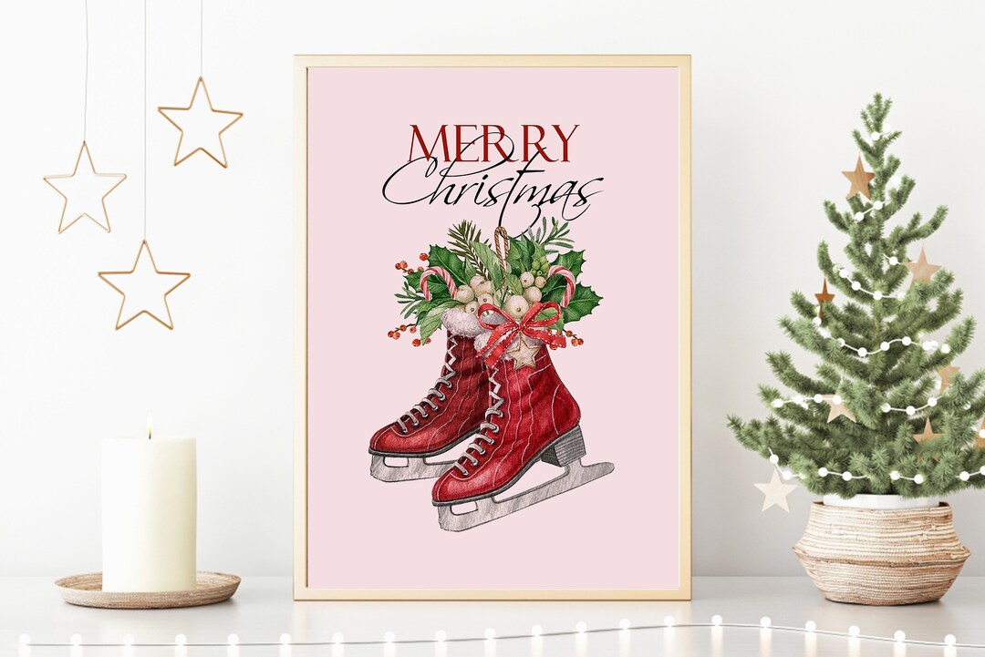 Vintage Christmas Ice Skating Poster Prints Xmas Floral Skates Wall Art ...