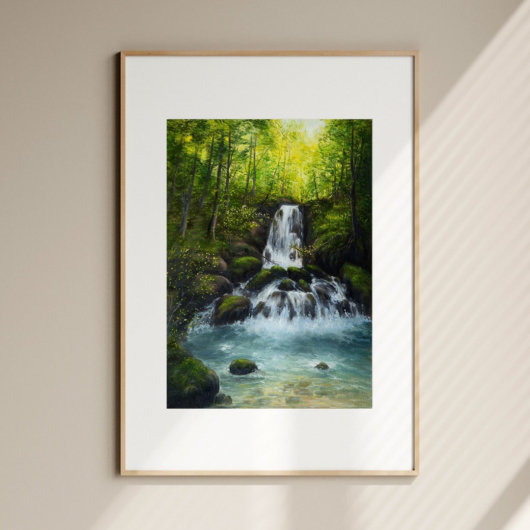 Vintage Waterfalls Landscape Oil Painting Antique Mountain River Birch ...