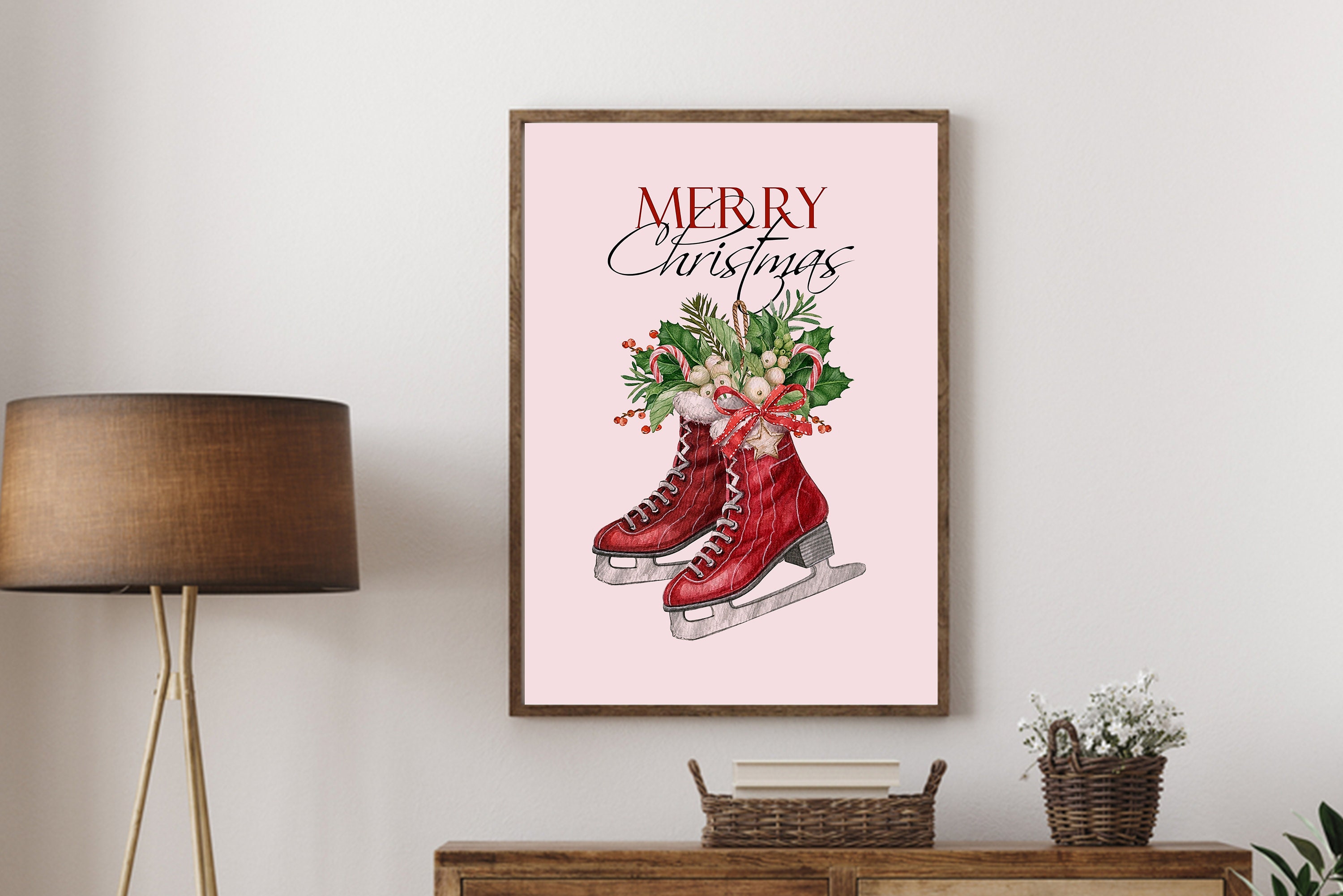 Vintage Christmas Ice Skating Poster Prints Xmas Floral Skates Wall Art ...