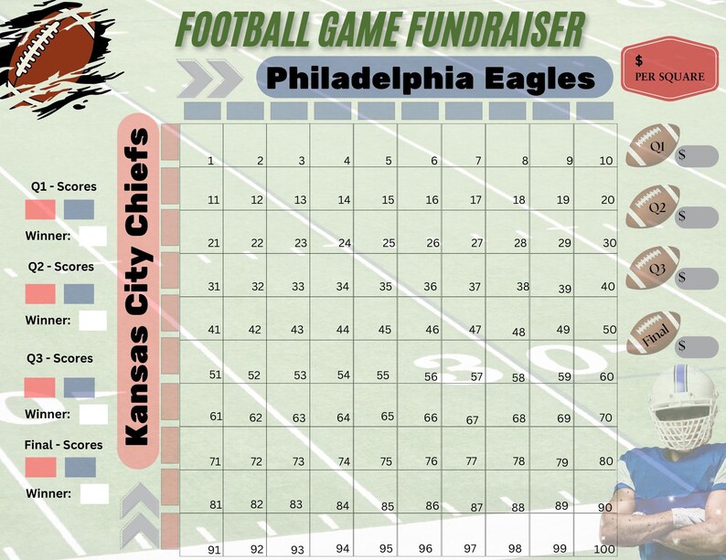 100 Football Squares Printable, Championship Game Day Squares Grid ...