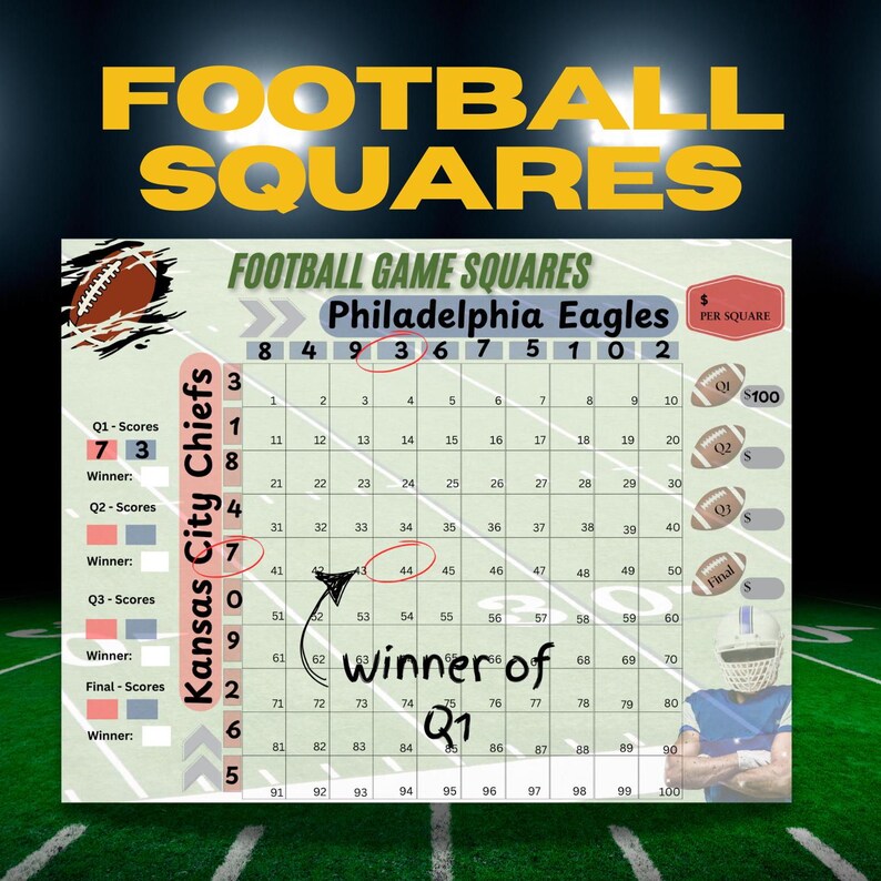 100 Football Squares Printable, Championship Game Day Squares Grid ...