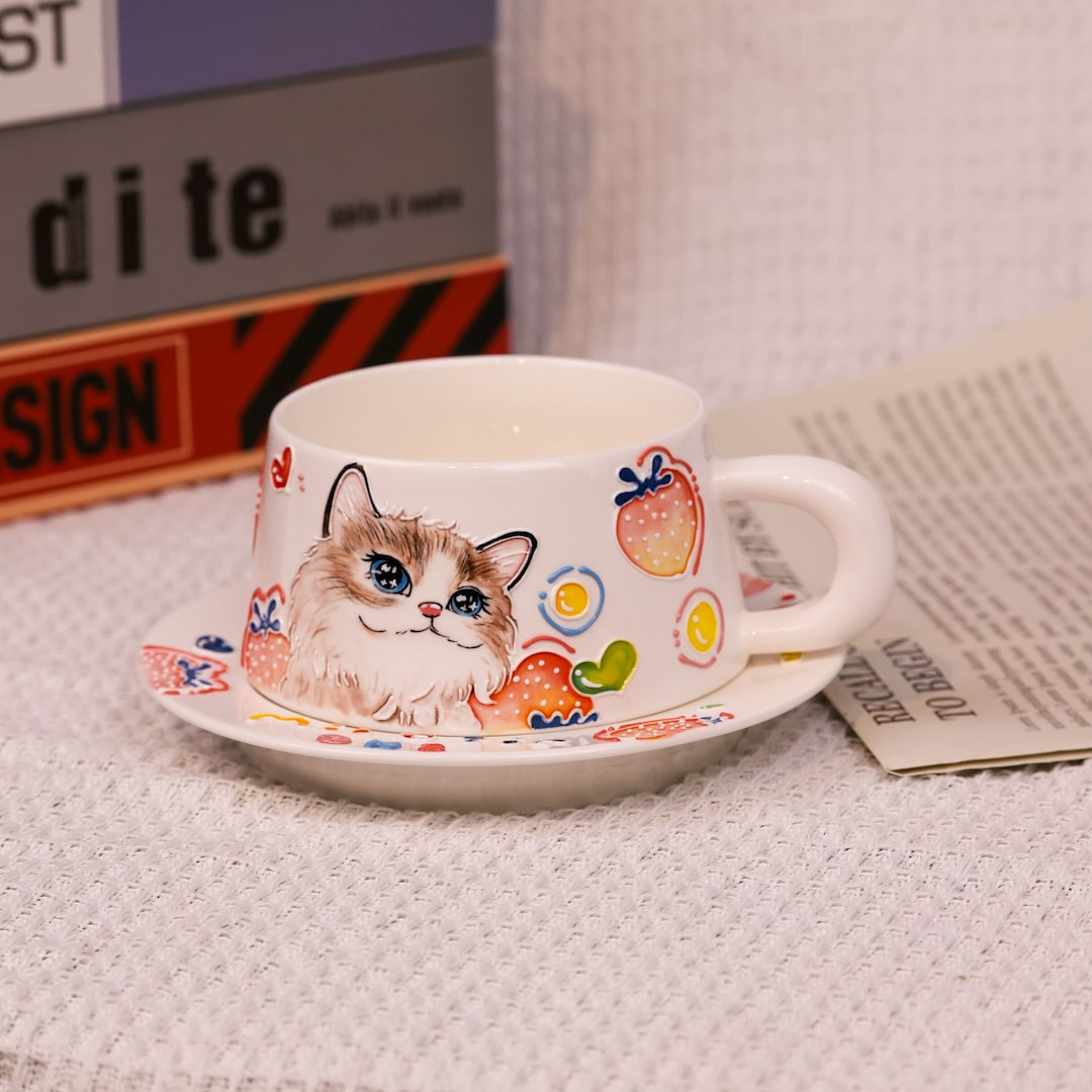 Handmade Ceramic Cat Mug. Hand Painted Animals/strawberry Mug. Water ...