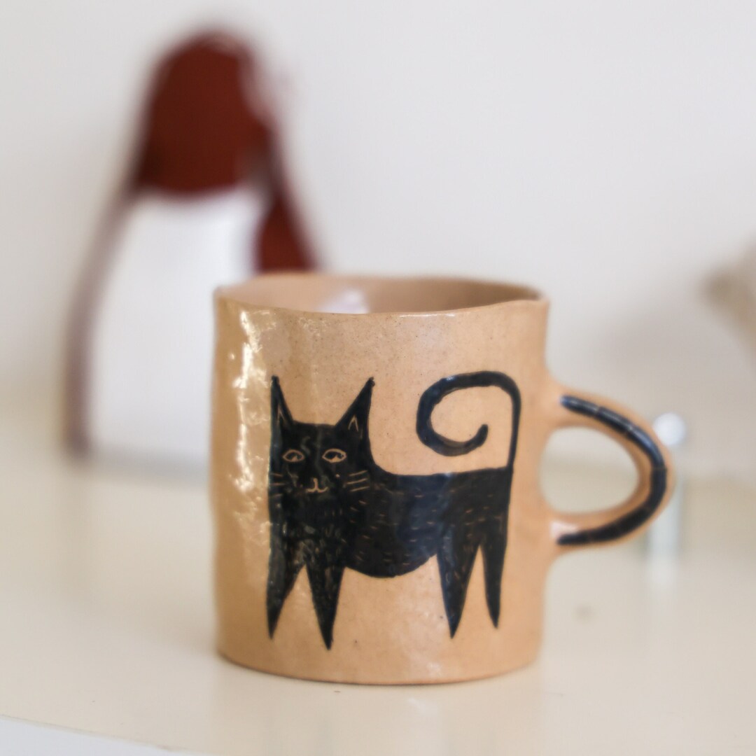 Handmade Ceramic Black Cat Mug. Hand Painted Animals Coffee Mug. Water ...
