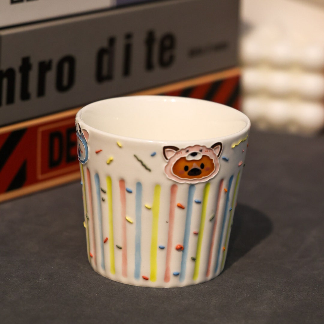 Handmade Colorful Stripes Ceramic Cup. Hand Painted Animal Mug. Cola ...
