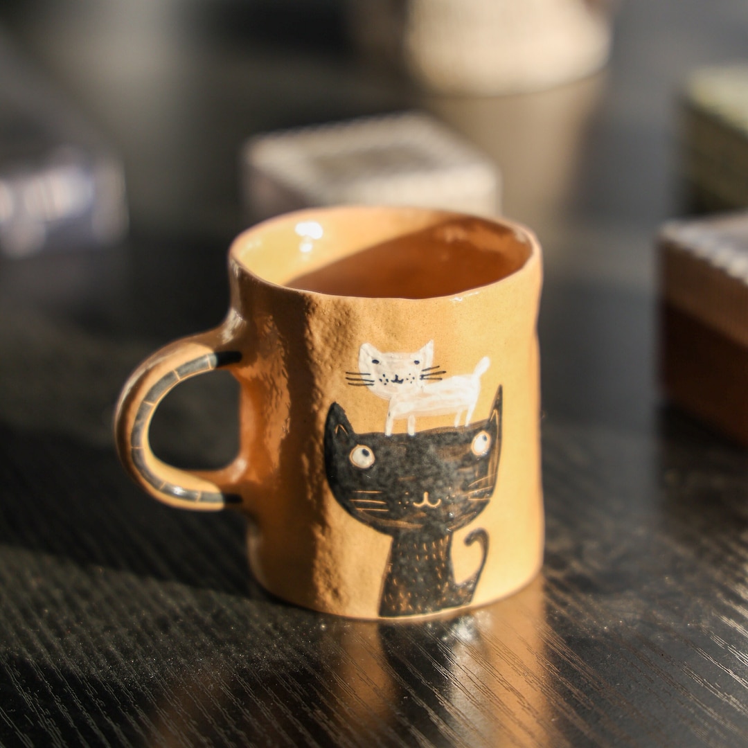 Handmade Ceramic Black/white Cat Mug. Hand Painted Animals Coffee Mug ...