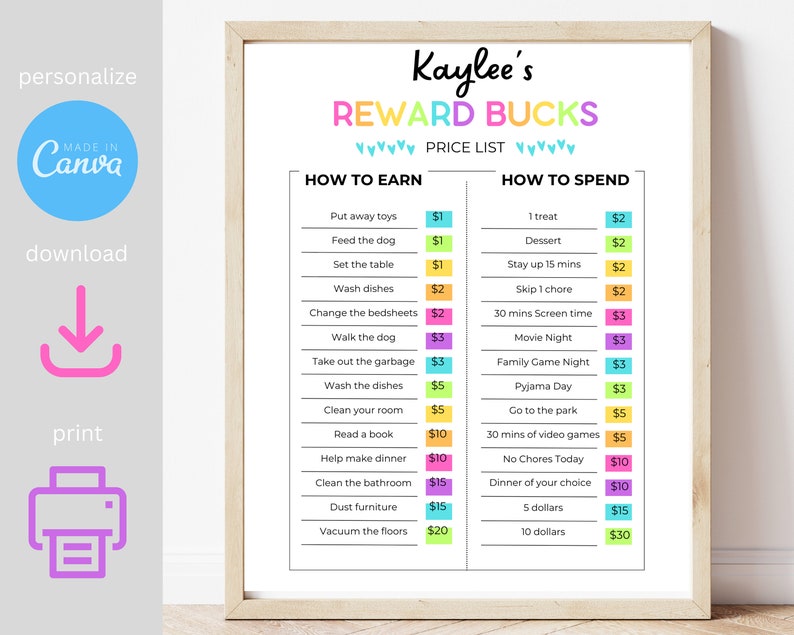 Kids Reward Chart, Kids Reward Bucks, Kids Chore Chart, Kids Chores ...