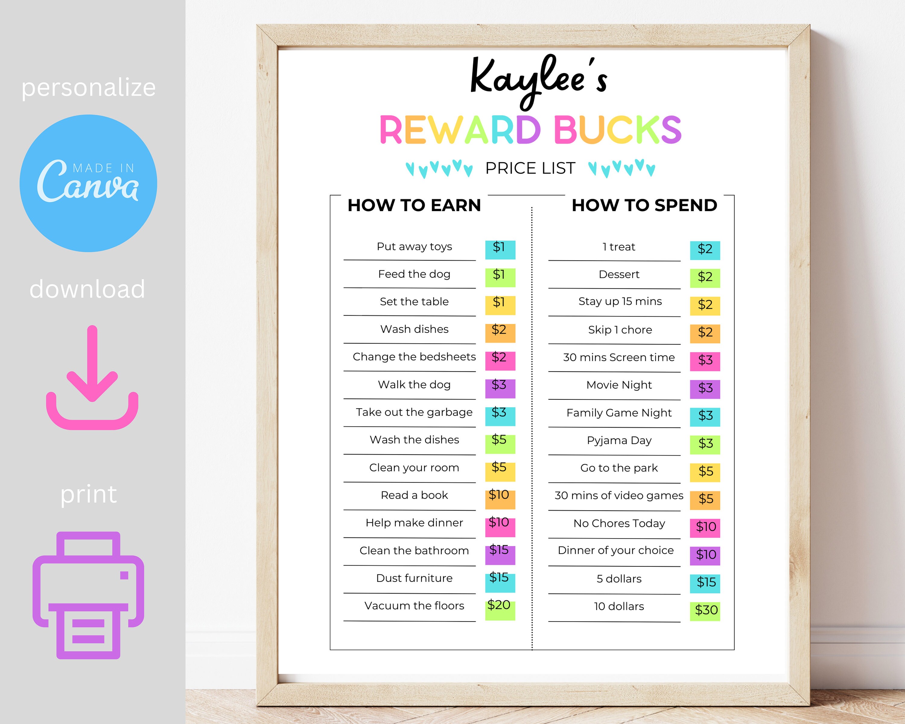 Kids Reward Chart, Kids Reward Bucks, Kids Chore Chart, Kids Chores ...
