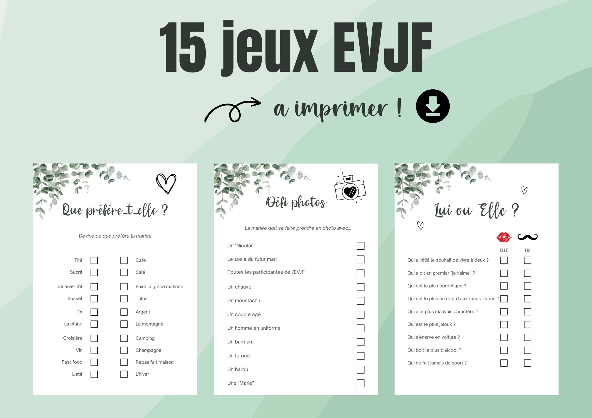 Jeux EVJF à imprimer - Pack de 15 jeux enterrement vie de jeune fille ...